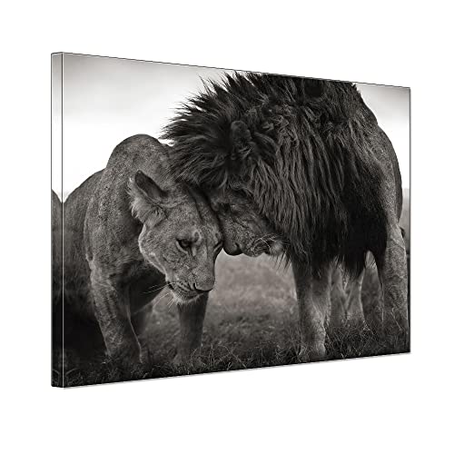 Black and White Lion and Lioness Poster Print Bedroom Living Room Wall Art African Couple Animal Artwork Framed Canvas Painting Print for Office Home Decor Ready to Hang 16x24inch