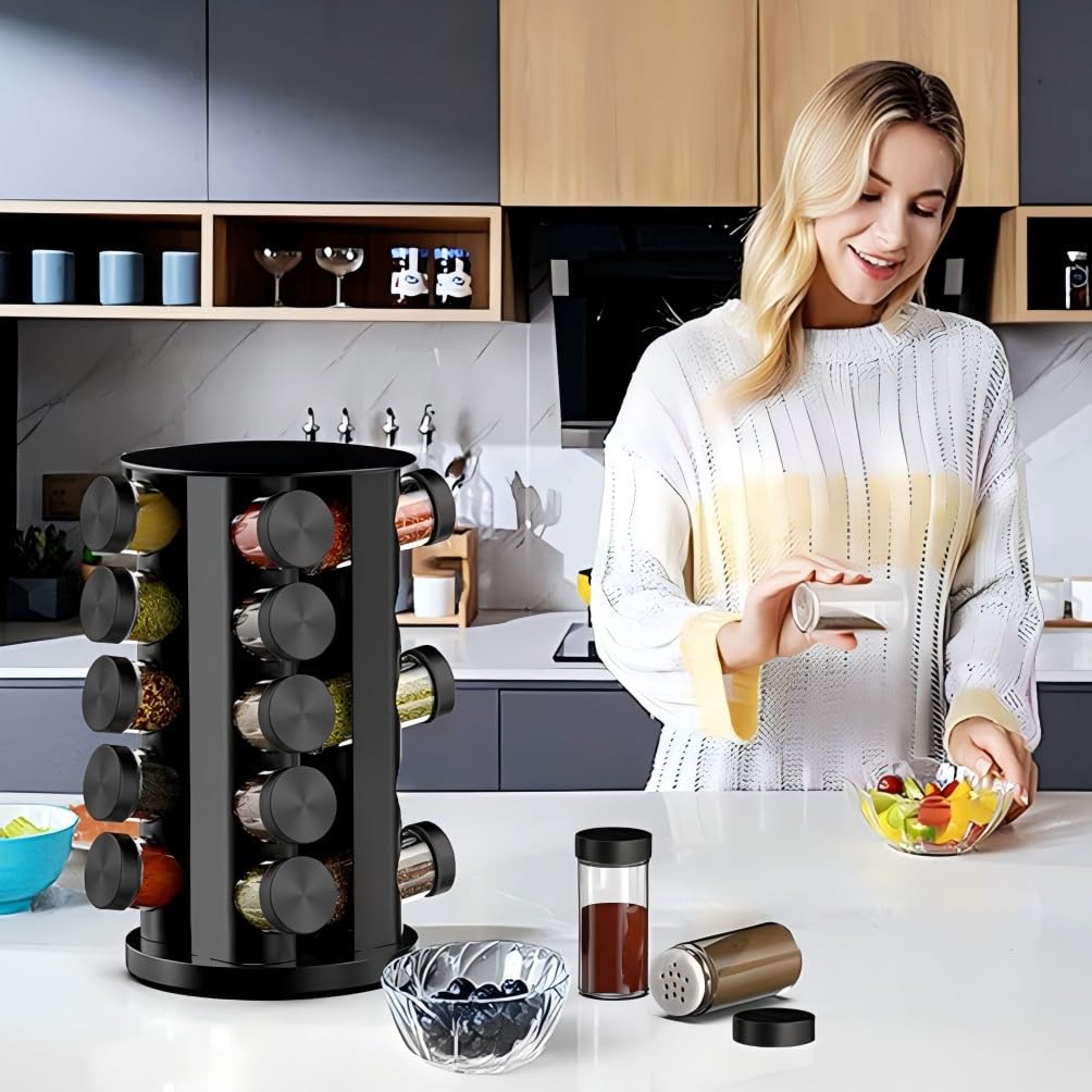 Revolving Spice Rack, Spice Racks Organizer for Kitchen Cabinet , Rotating Seasoning Organizer Storage with Jars , Black
