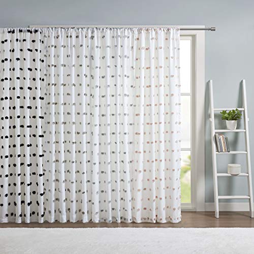 Intelligent Design Sophie Sheer Single Window Curtain Panel Clipped Pompom Embelished Privacy Drape with Rod Pocket for Bedroom, Livingroom, 50" x 84", Blush