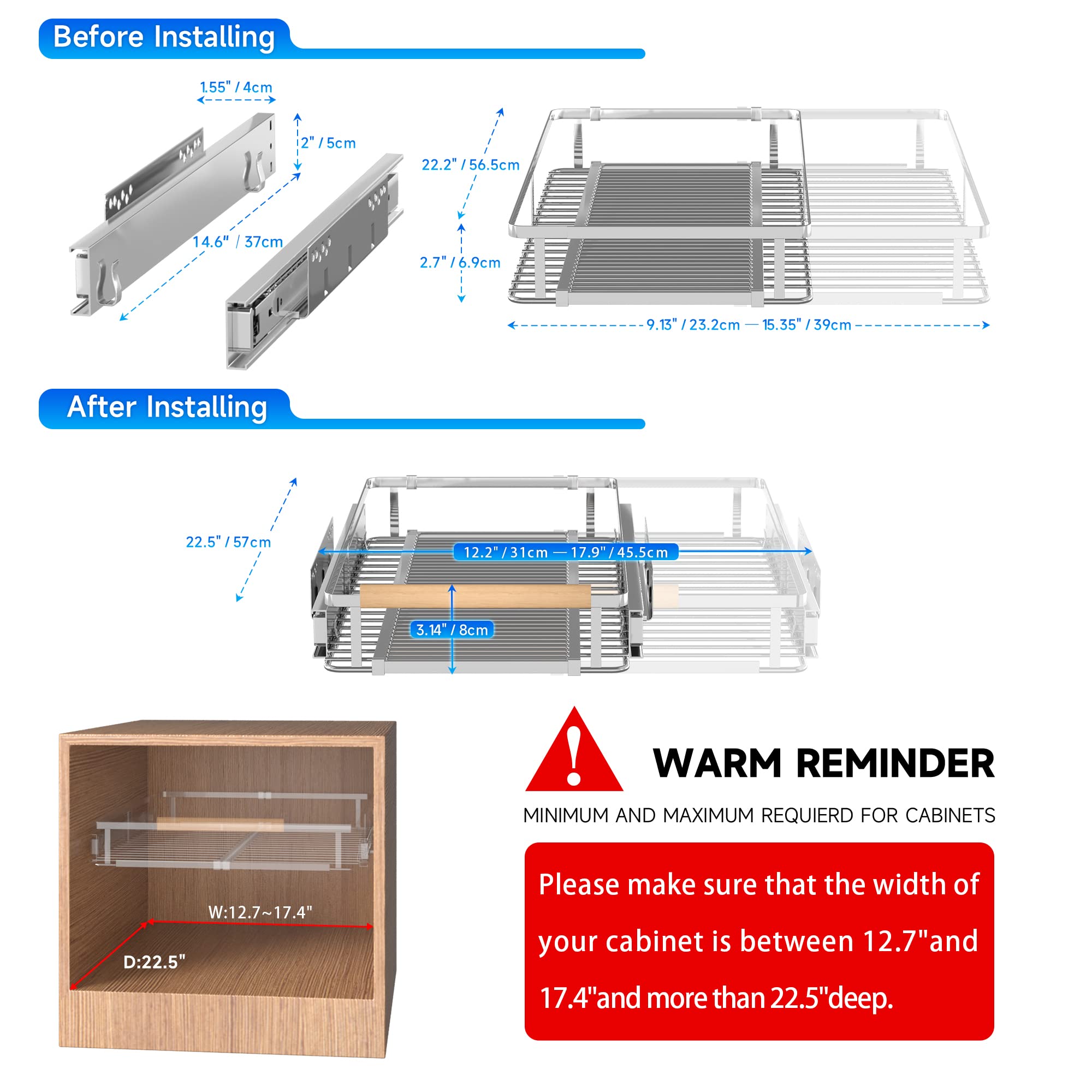 2Pack Pull Out Cabinet Organizer, 12.2~17.9" W x 22.5" D Expandable Pull Out Shelves for Kitchen Cabinets, Heavy Duty Slide Out Pantry Shelves Sliding Shelf for Home Kitchen,Under Sink,Wardrobe