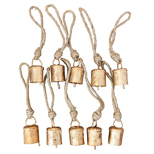 Vivanta 1.75 Inch 10 Pcs Small Mini Gold Rustic Vintage Iron Tin Metal Christmas Ornaments Jingle Bells for Crafts, Tiny Cow Bells for Hanging Chimes, Creative Indian Handmade Art Cylinder Rope Bells
