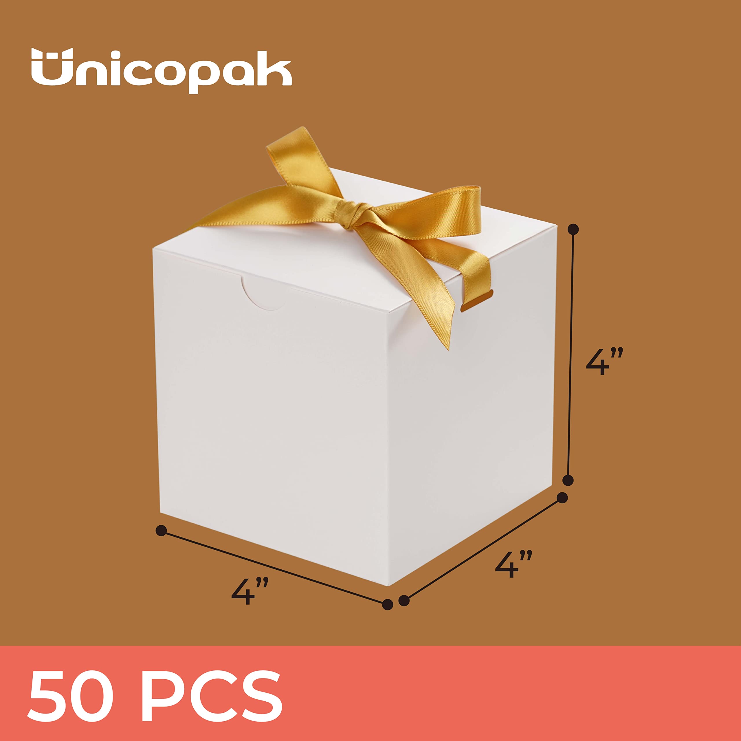 UnicoPak 4x4x4 Inches White Gift Boxes 50 PCs, Favor Boxes, Small Gift Boxes with Lids for Gift Ornaments, Candles, Mugs, Glasses, Crafting, for Birthday, Wedding, Christmas