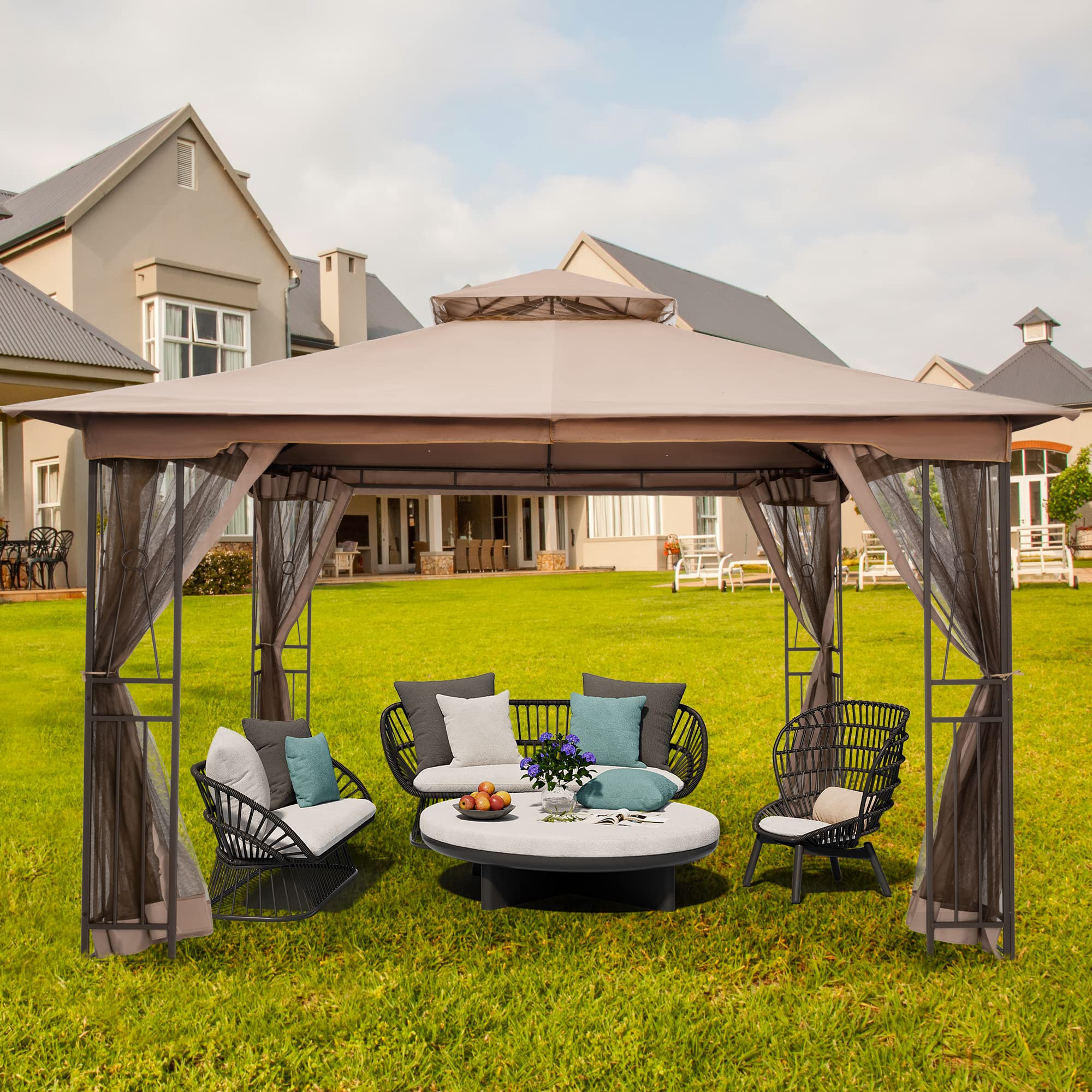 BACKYADOOR Patio Gazebo 10'X12' with Mosquito Netting for Garden,Outdoor Canopy Gazebo for Patio, Backyard Metal Gazebo with Double Roof,Light Brown