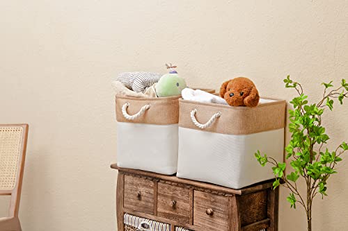 Large Cube Storage Baskets Organizer (10.5" x 10.5" x 11") for Clothes Toys Towel Books, Canvas Fabric Sturdy Collapsible Storage Boxes with Cotton Handles for Closet, Shelves (Beige/Brown, 6 Pack)