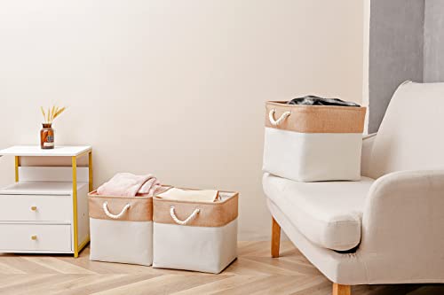 Large Cube Storage Baskets Organizer (10.5" x 10.5" x 11") for Clothes Toys Towel Books, Canvas Fabric Sturdy Collapsible Storage Boxes with Cotton Handles for Closet, Shelves (Beige/Brown, 6 Pack)