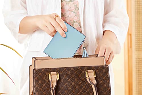 Gostwo Womens Small Bifold Slim Mini Wallet Purse with Tassel and Zippered Coin Pocket (Blue With Key Chain)
