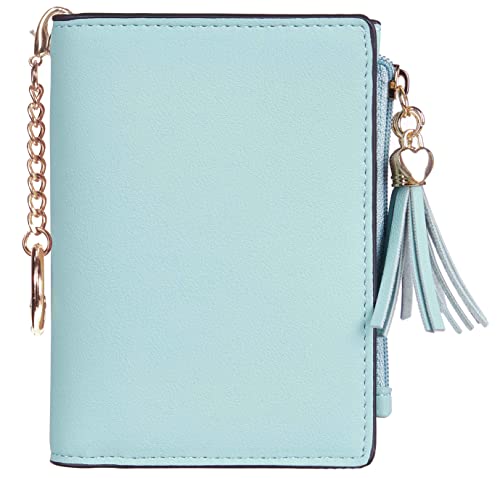 Gostwo Womens Small Bifold Slim Mini Wallet Purse with Tassel and Zippered Coin Pocket (Blue With Key Chain)