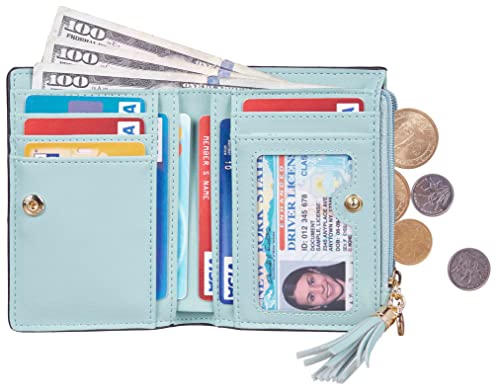Gostwo Womens Small Bifold Slim Mini Wallet Purse with Tassel and Zippered Coin Pocket (Blue With Key Chain)