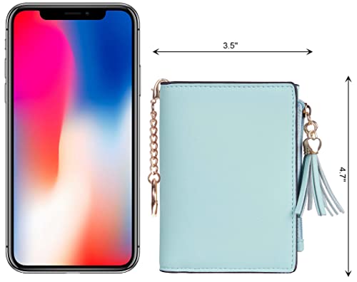 Gostwo Womens Small Bifold Slim Mini Wallet Purse with Tassel and Zippered Coin Pocket (Blue With Key Chain)
