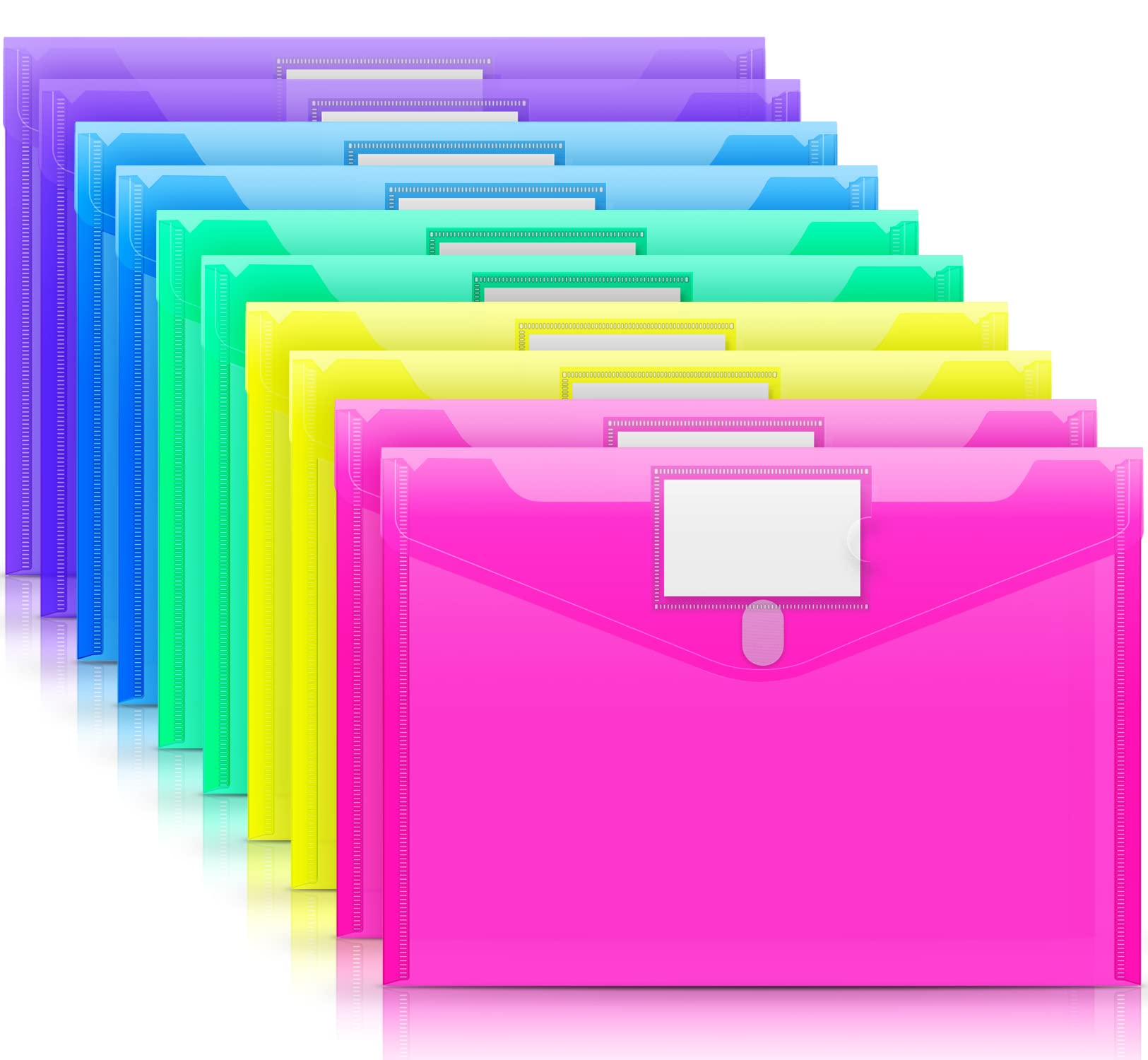 Sooez 10 Pack Plastic Envelopes Poly Envelopes, Clear Document Folders Plastic File Folders US Letter A4 Size File Envelopes with Label Pocket, Assorted Color