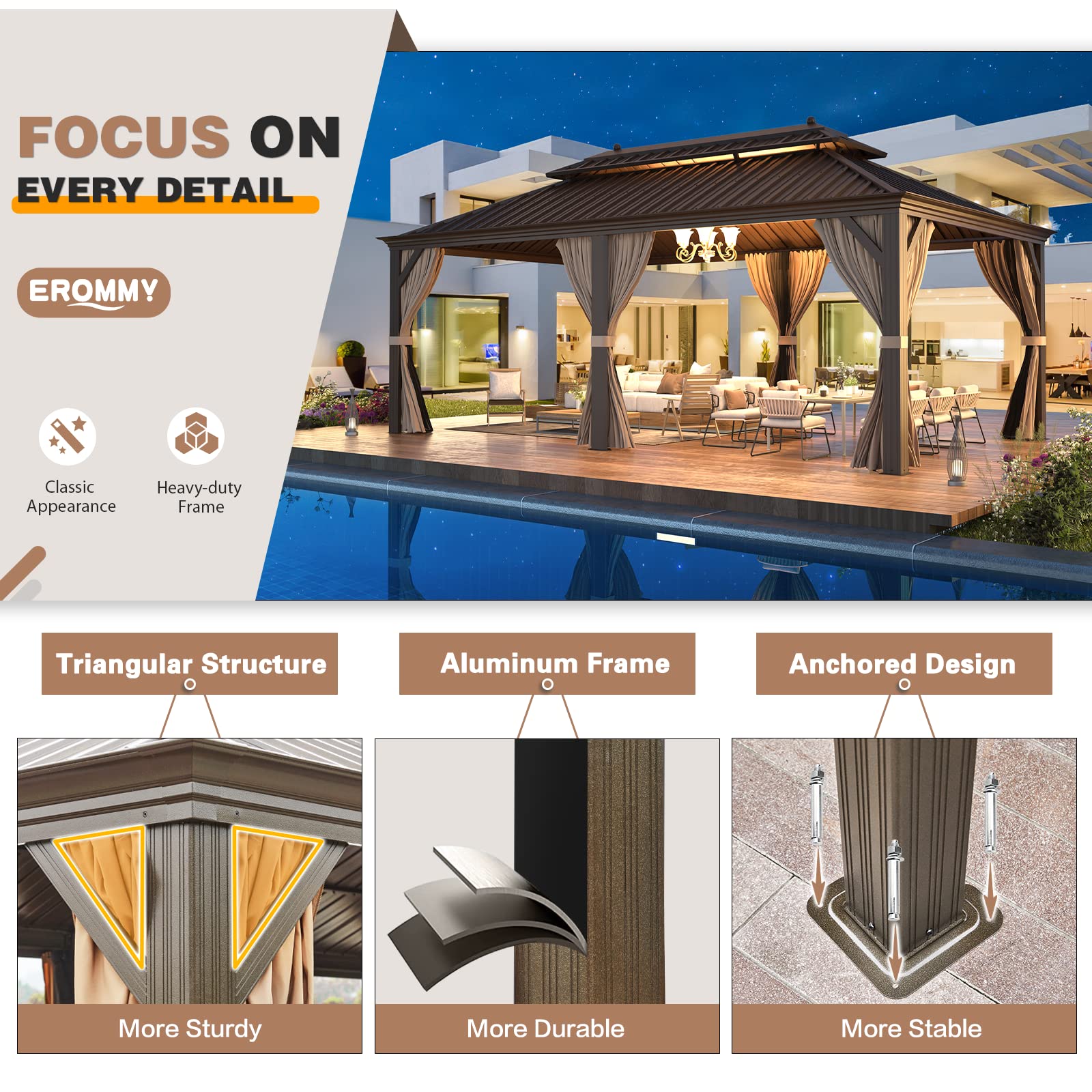 EROMMY 12'x20' Hardtop Gazebo Double Roof Galvanized Steel Canopy Outdoor Aluminum Frame Permanent Metal Pavilion with Netting and Curtains for Patio Backyard Deck and Lawns