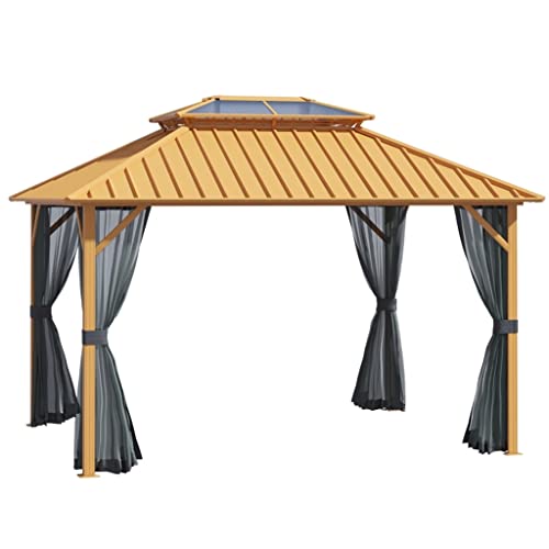 ZZBJ 12' x 10' Hardtop Gazebo Steel Canopy Outdoor Pergola with Aluminum Frame and Netting for Patios, Gardens, Lawns