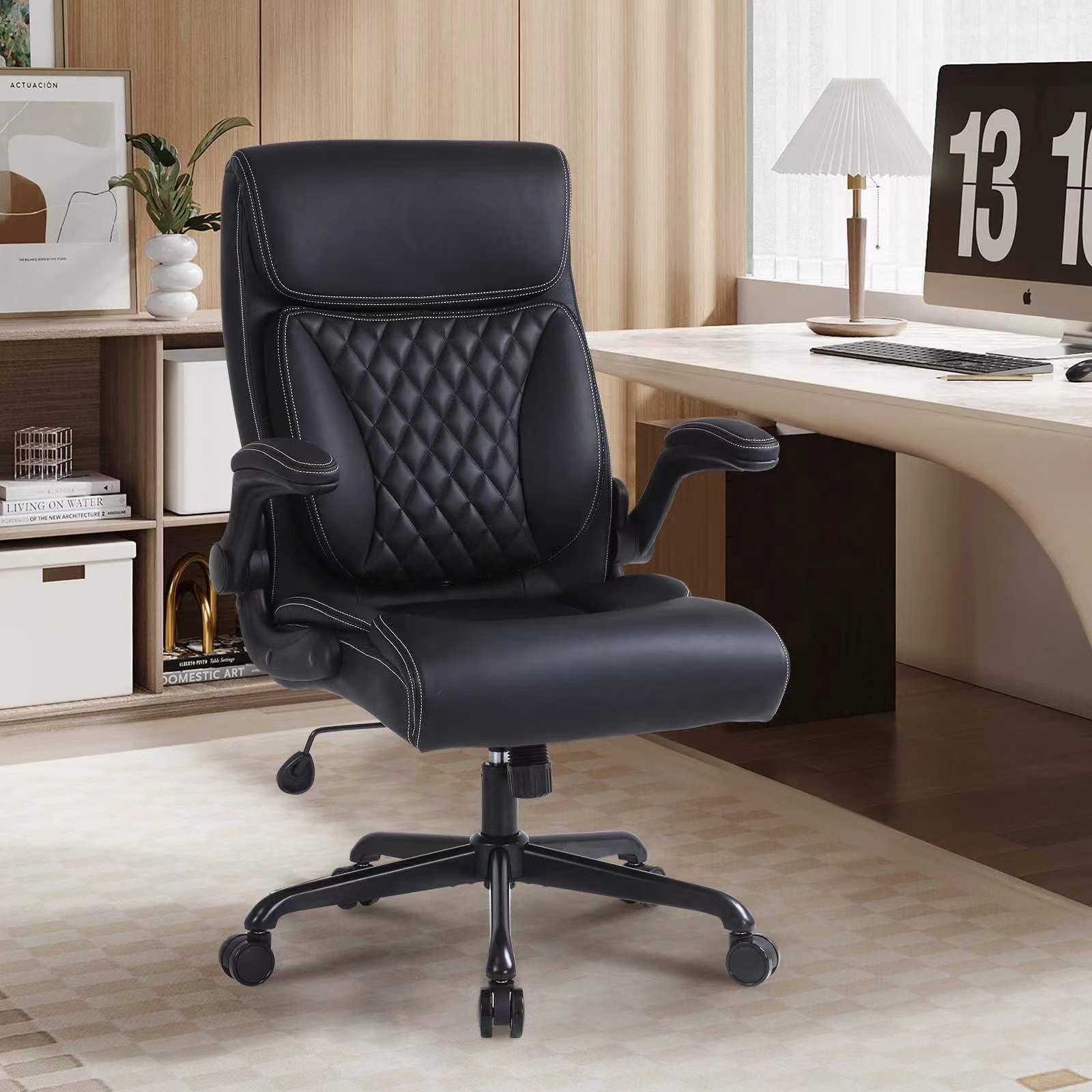 Executive Office Chair, Ergonomic Home Office Desk Chairs, PU Leather Computer Chair with Lumbar Support, Flip-up Armrests and Adjustable Height, Youchauchair High Back Work Chair, Black