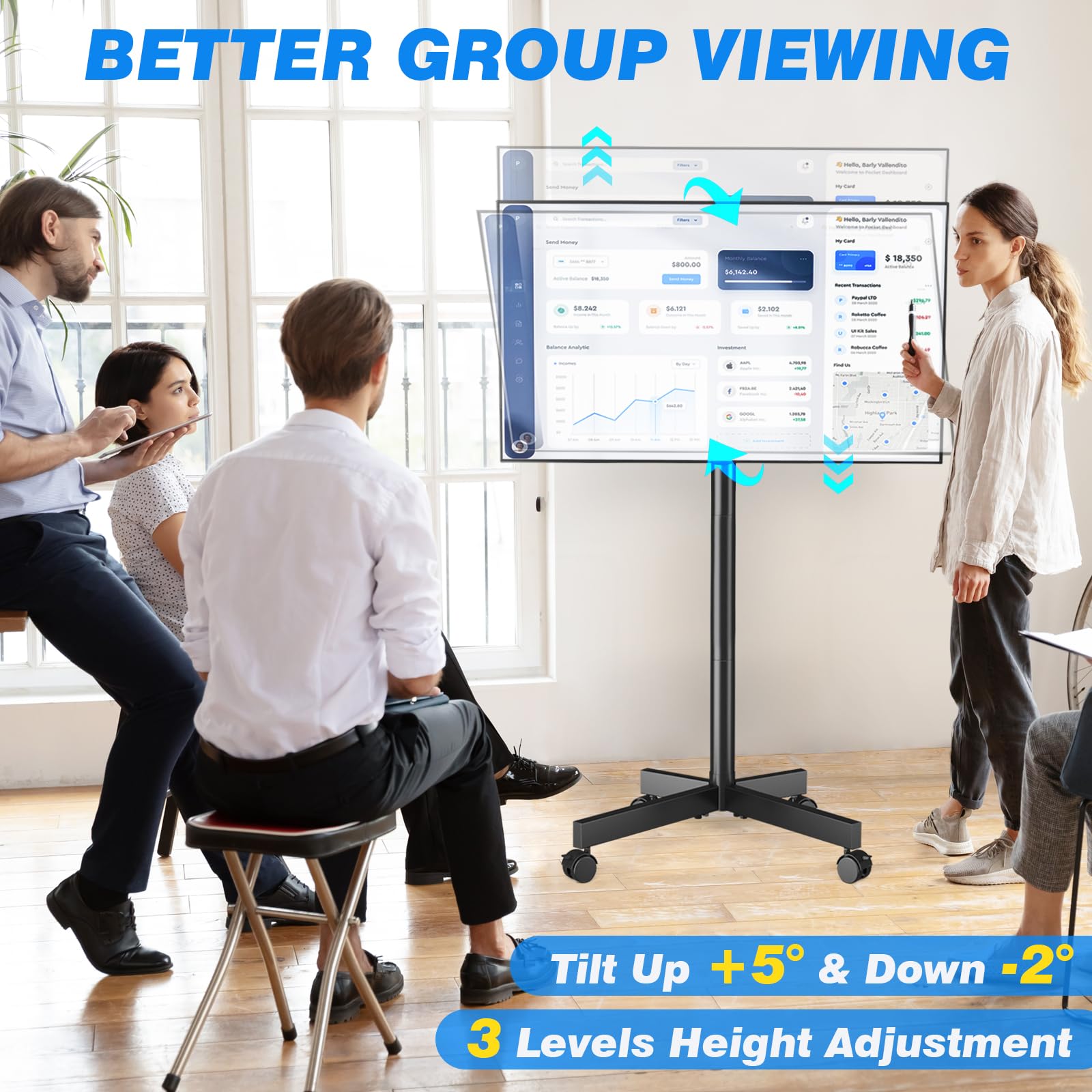 Mobile TV Cart Rolling Floor Stand for 23-60 Inch LCD LED OLED 4K Smart TVs up to 88 lbs, Height Adjustable Outdoor Metal Trolley Stand with Locking Wheels and Tilt Mount for Home Office Portable Use