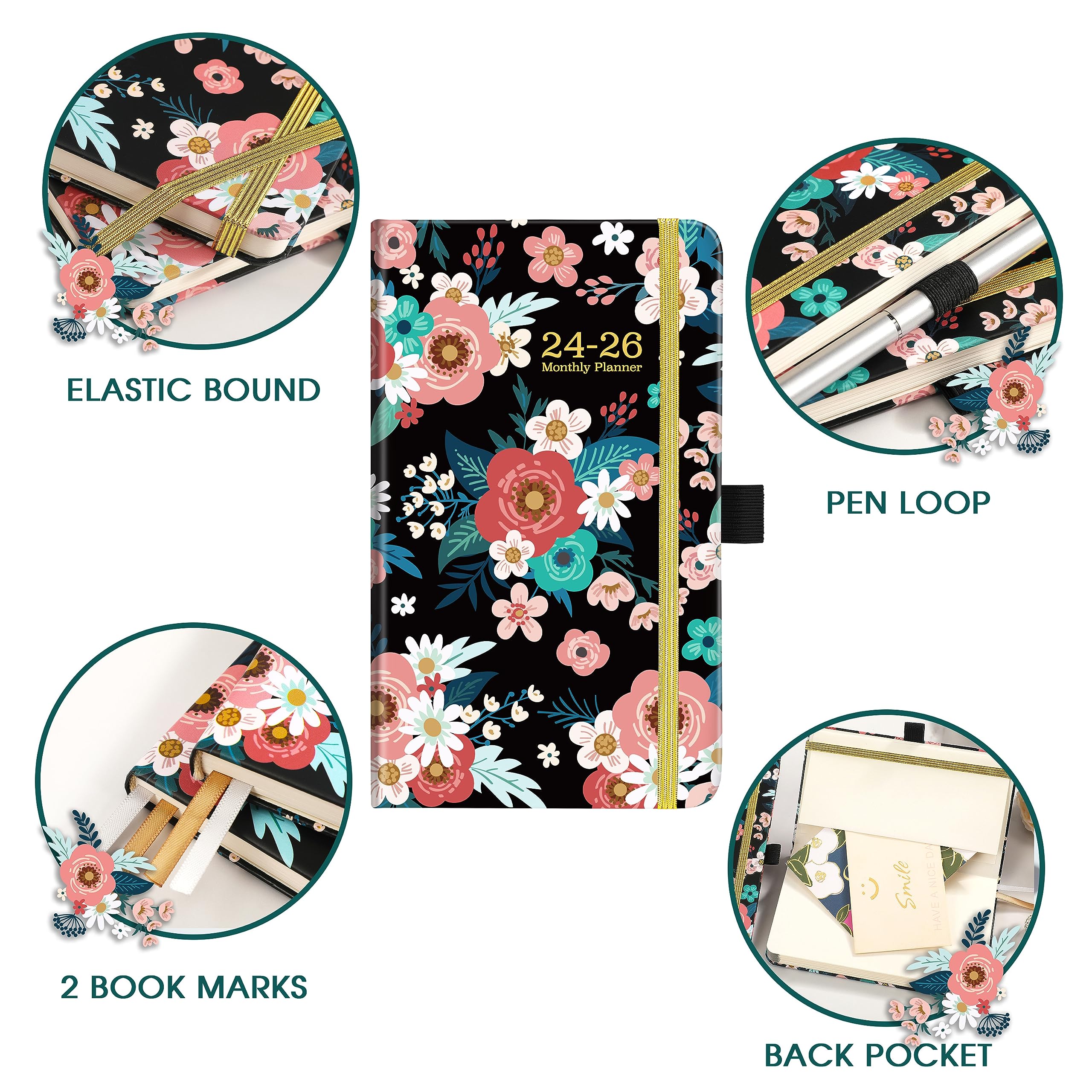2023-2026 Pocket Planner / Calendar - 3 Year Monthly Planner from July 2023 - June 2026, 6.3" x 3.8", Monthly Pocket Calendar with 61 Notes Pages and Back Pocket, Pen Loop, Elastic Closure