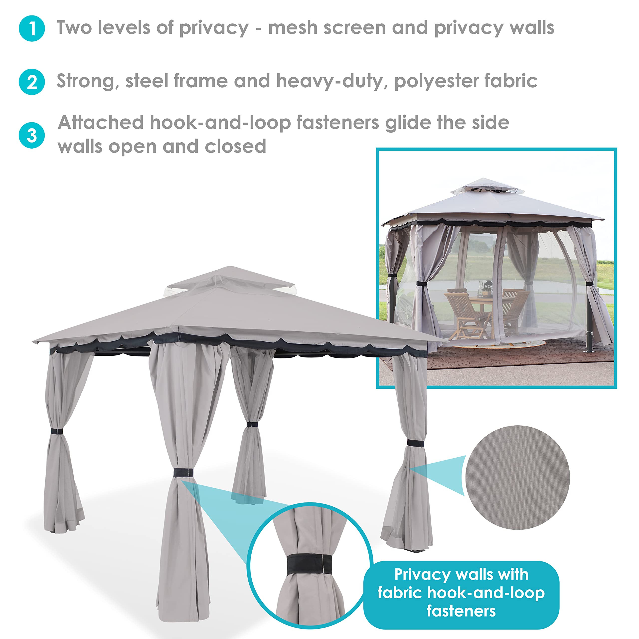 Sunnydaze Soft-Top Patio Gazebo - 10x10 Foot Rectangle Outdoor Gazebo with Screens and Privacy Walls - Gray - Perfect for Backyard, Garden or Deck