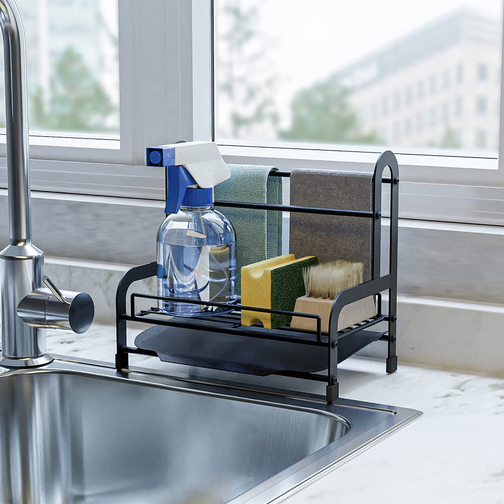 KINGBERWI Sponge Holder Kitchen Sink Caddy Organizer, Sponge Dish Soap Holder with Auto Drain Tray, Kitchen Countertop Organizer for Sponges Brush and Cleaning Towel, Black