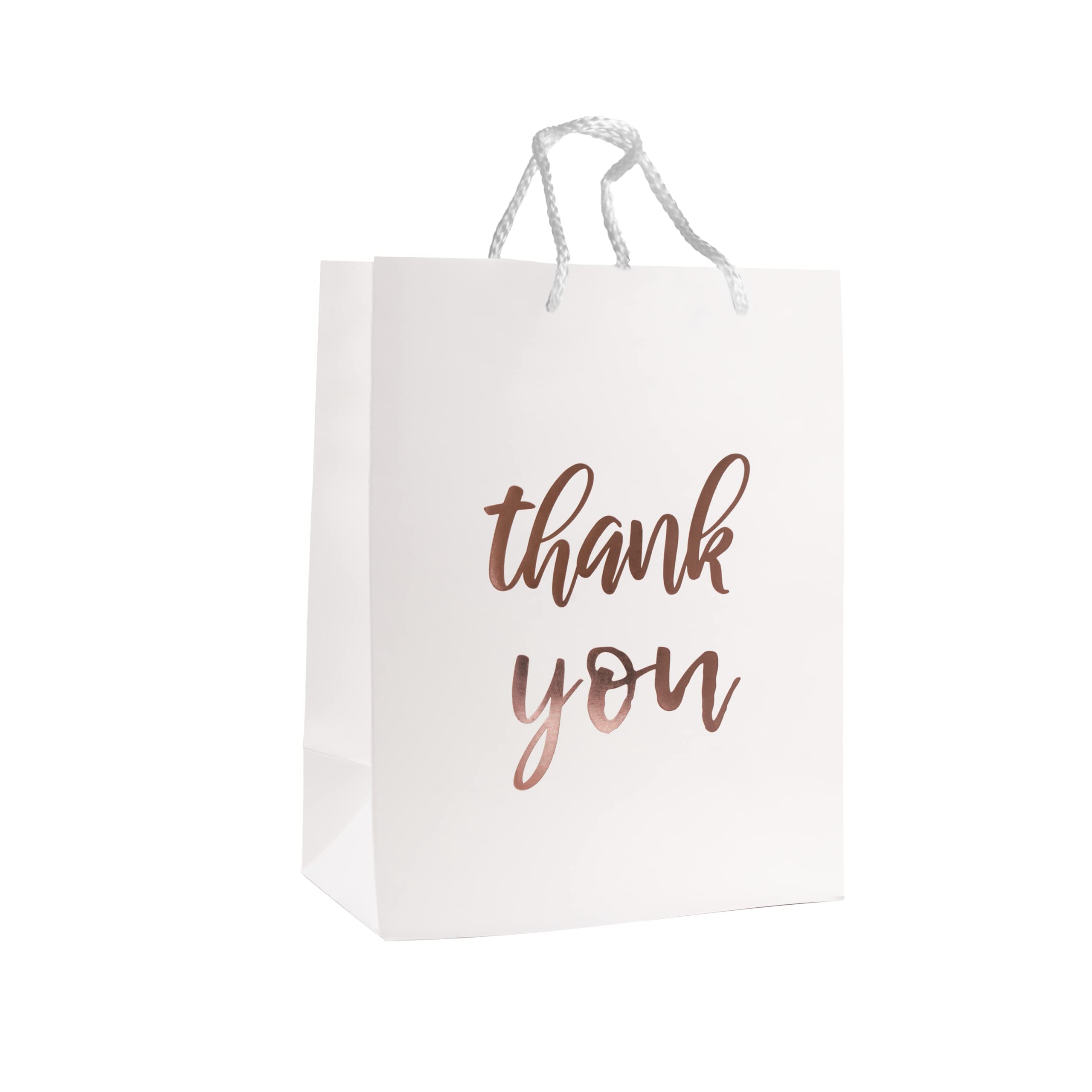 12 Pack Thank You Gift Bags - Elegant Paper Gift Bags With ‘’Thank You’’ Embossed In Rose Gold Foil Letters - Perfect For Birthday Party, Wedding Party, Paper Favor Bags 4"x 7"x 9" Inches - White