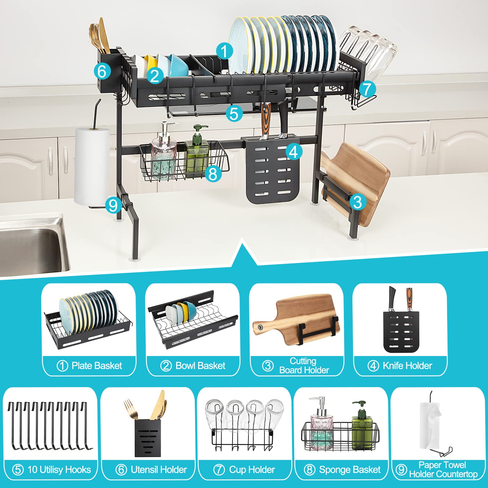 Fashionwu Dish Drying Rack Over The Sink (25.6" to 35.5"), Expandable Over Sink Dish Drying Rack Stainless Steel Kitchen Drain Rack for Counter Sink Organizer