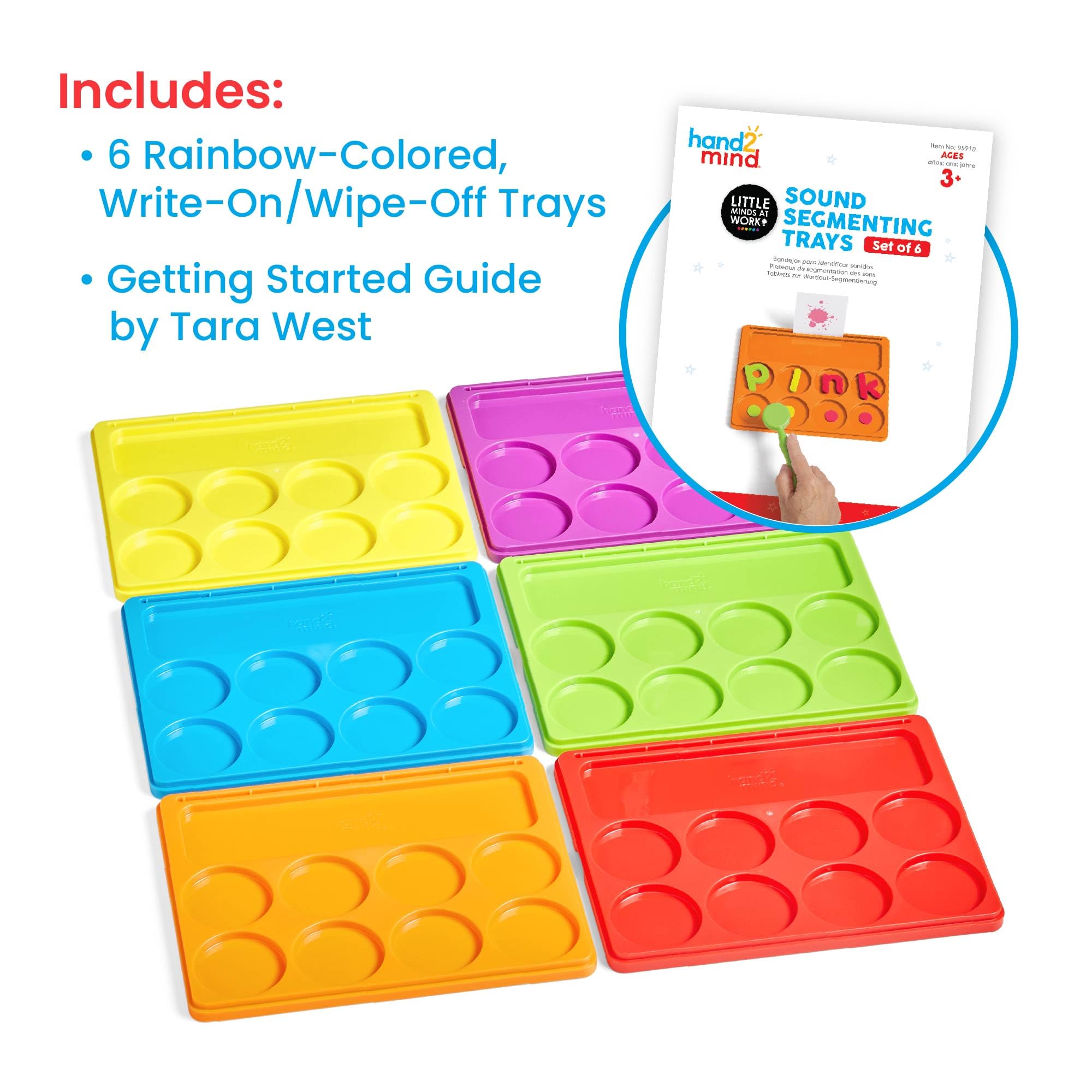 hand2mind Little Minds at Work Sound Segmenting Trays by Tara West, Phonemic Awareness, Science of Reading Manipulatives, Elkonin Boxes, Letter Sounds, Preschool Learning Activities (Set of 6)