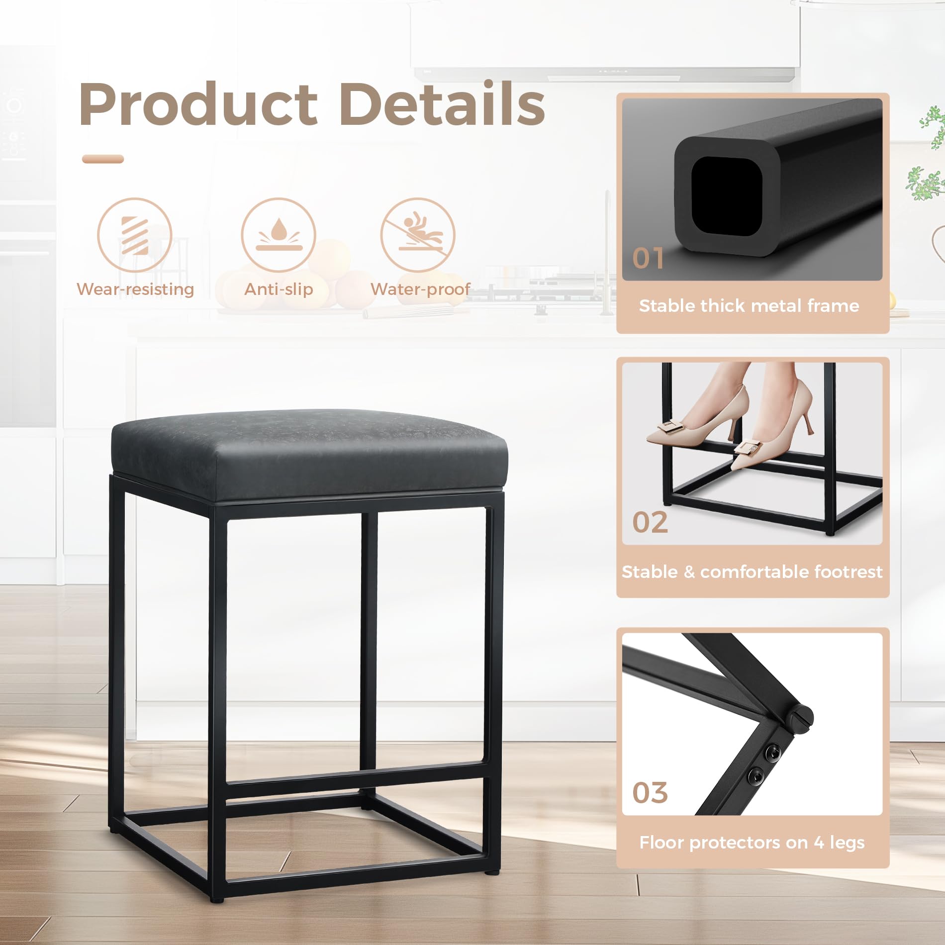MAISON ARTS Black Counter Height 24" Bar Stools Set of 2 for Kitchen Counter Backless Modern Square Barstools Upholstered Faux Leather Stools Farmhouse Island Chairs,Support 330 LBS,(24 Inch,Black)