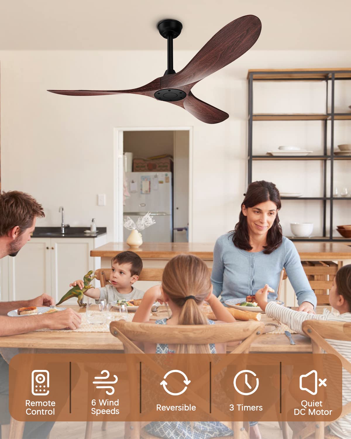 KASASS Outdoor Ceiling Fan, 52 Inch Remote Control Ceiling Fan, Indoor Ceiling Fan,Modern Classic Ceiling Fan for Kitchen, Bedroom, Living Room, Farmhouse, Patio (Walnut Color)