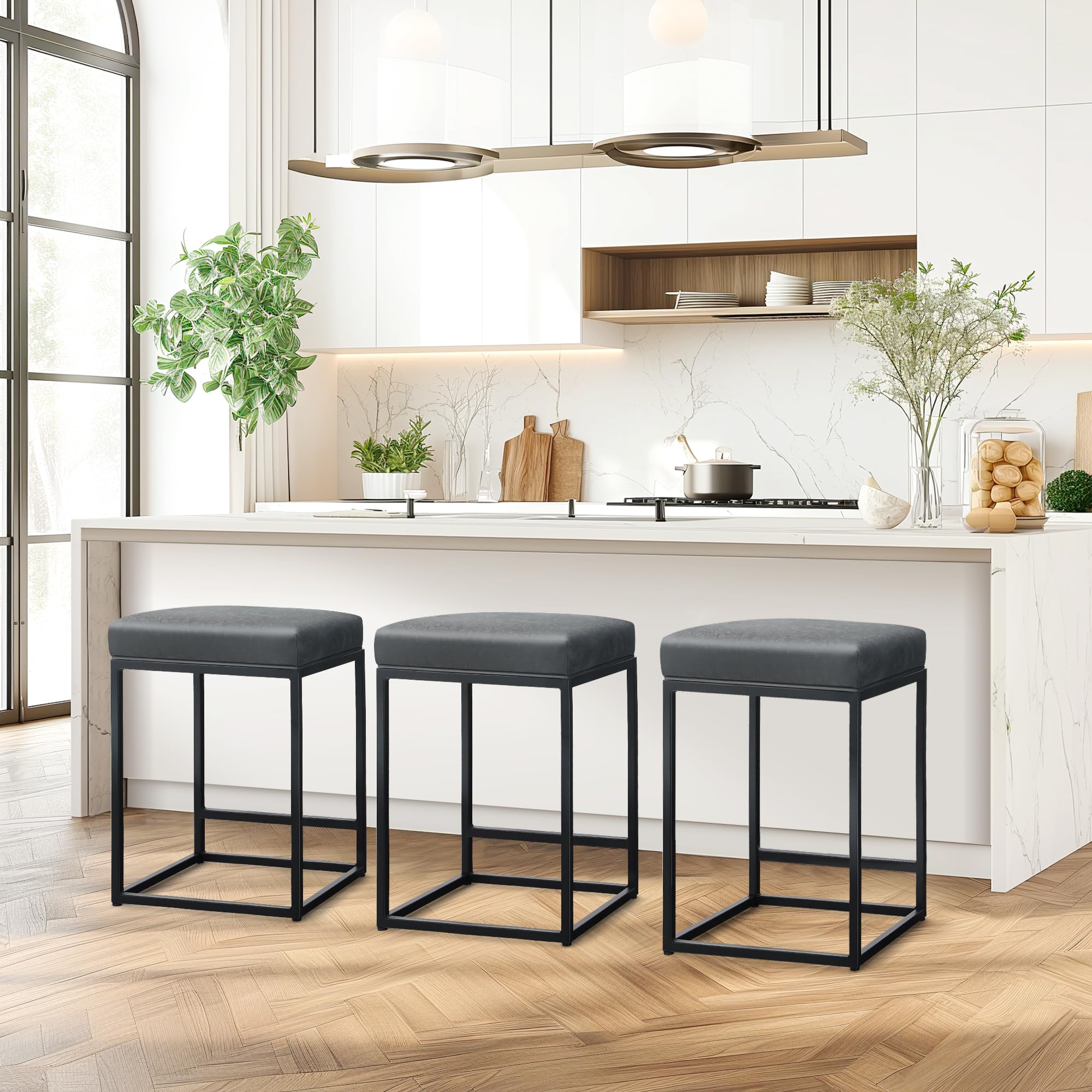 MAISON ARTS Black Counter Height 24" Bar Stools Set of 2 for Kitchen Counter Backless Modern Square Barstools Upholstered Faux Leather Stools Farmhouse Island Chairs,Support 330 LBS,(24 Inch,Black)
