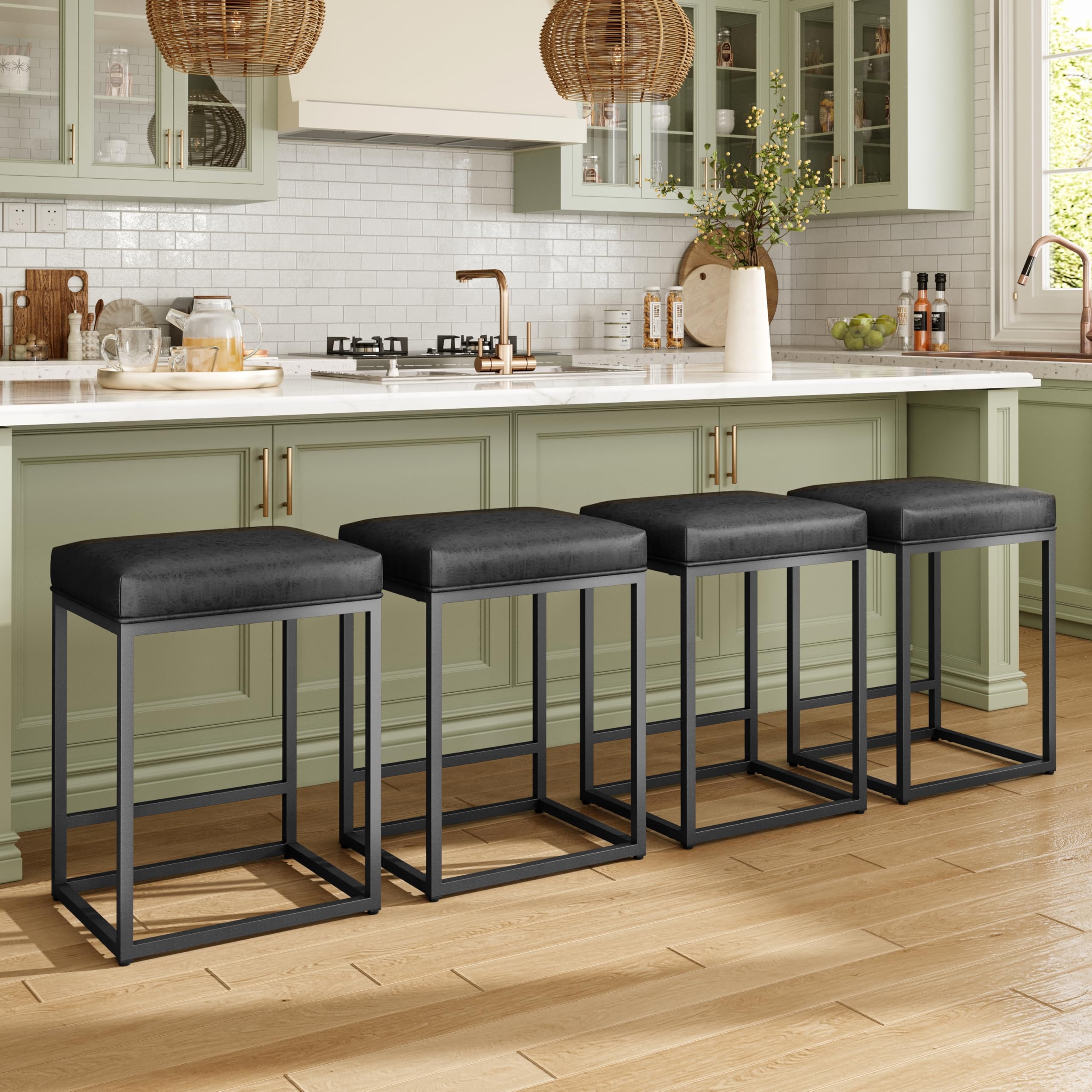 MAISON ARTS Black Counter Height 24" Bar Stools Set of 2 for Kitchen Counter Backless Modern Square Barstools Upholstered Faux Leather Stools Farmhouse Island Chairs,Support 330 LBS,(24 Inch,Black)