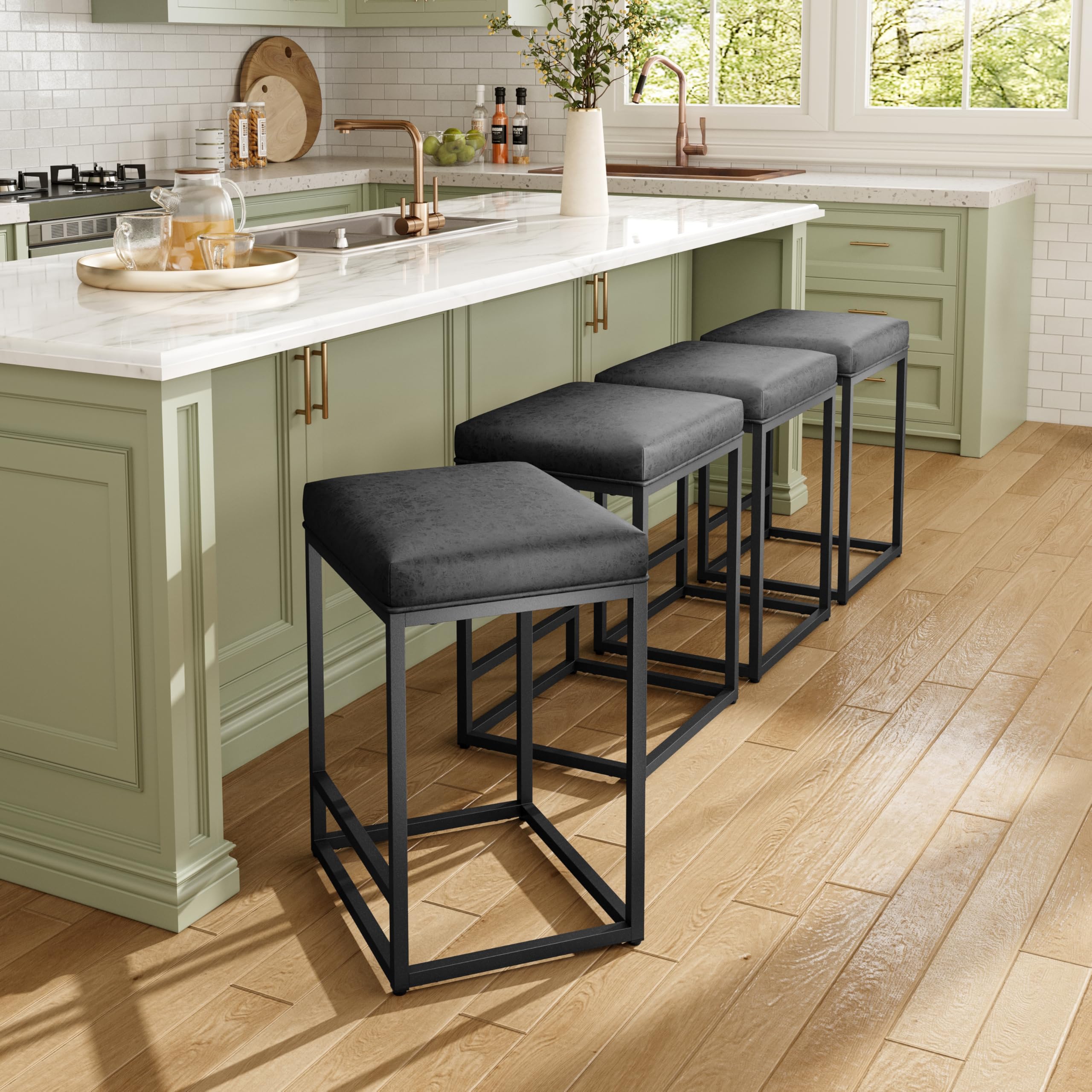 MAISON ARTS Black Counter Height 24" Bar Stools Set of 2 for Kitchen Counter Backless Modern Square Barstools Upholstered Faux Leather Stools Farmhouse Island Chairs,Support 330 LBS,(24 Inch,Black)