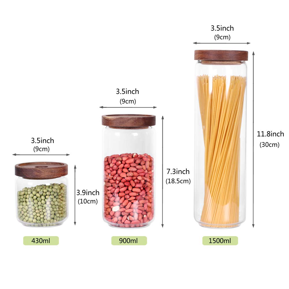Glass Canisters Set of 5 for the kitchen, Glass Storage Container jars with Airtight Acacia Lid for Coffee Beans, Flour, Sugar, Rice and Spaghetti and etc