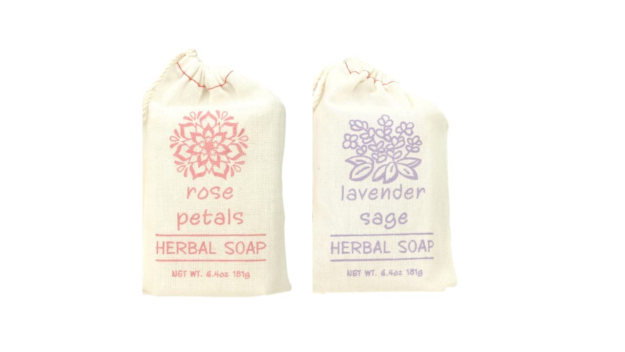 Greenwich Bay Trading Set of 2 Herbal Soaps - Each Individually Wrapped in a Drawstring Cloth Sack - Enriched with Shea Butter & Virgin Olive Oil and Infused with Fresh Botanical Scents - 6.4 Oz Each (Lavender Sage & Rose Petal)