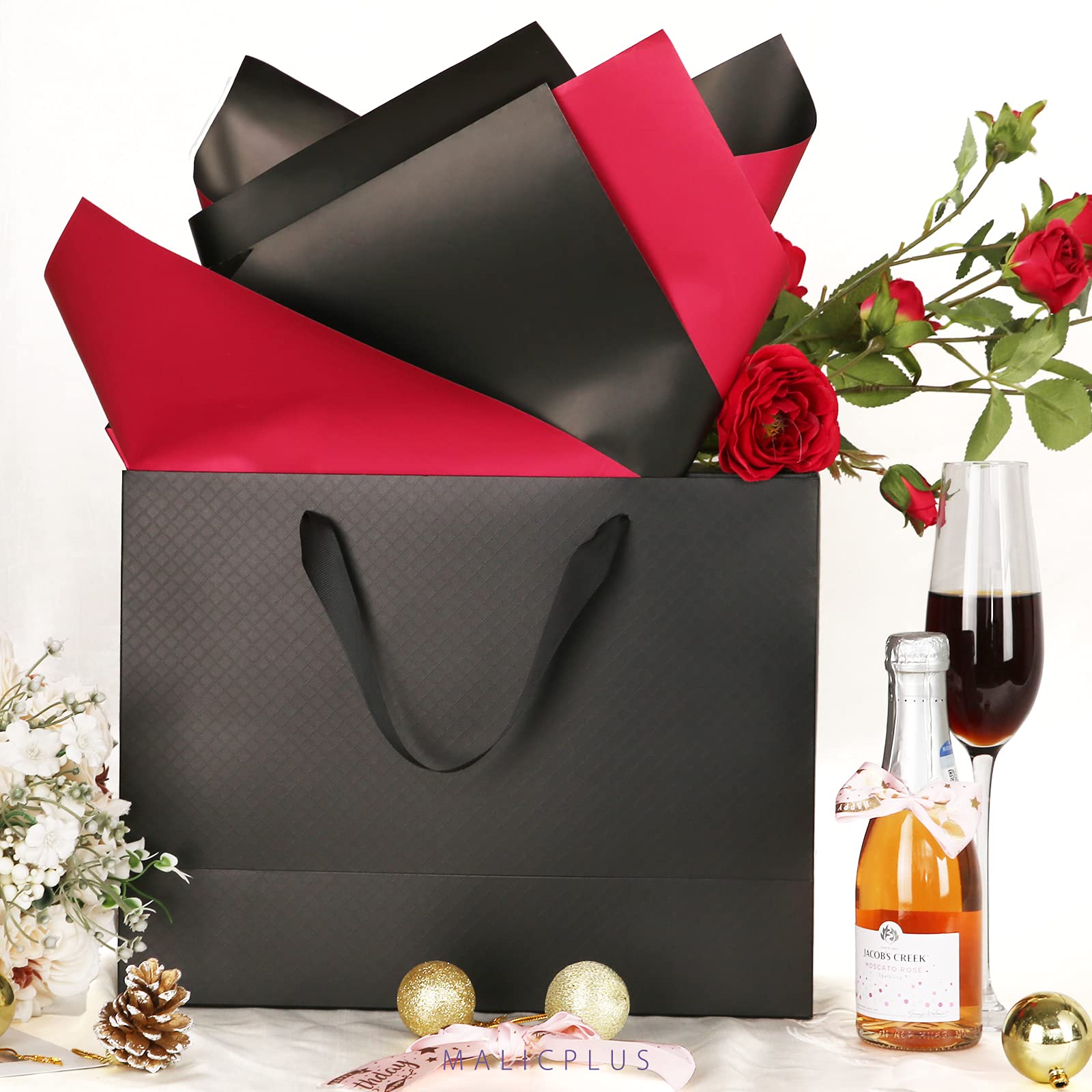 MALICPLUS 12 Large Gift Bags 13x5x10 Inches, Gift Bags Large Size, Black Gift Bags with Handles for All Occasions (Lattice Texture Finish)