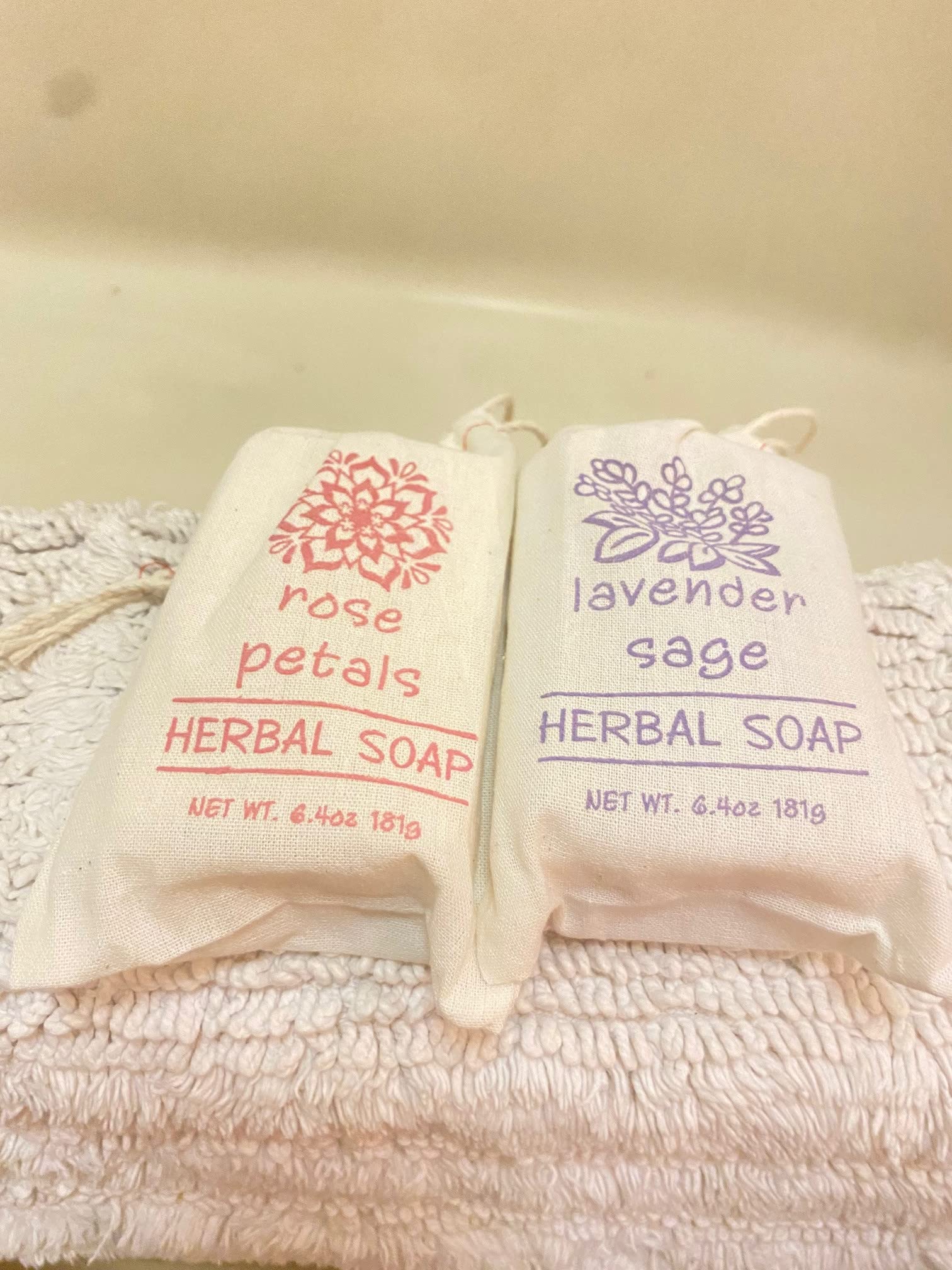 Greenwich Bay Trading Set of 2 Herbal Soaps - Each Individually Wrapped in a Drawstring Cloth Sack - Enriched with Shea Butter & Virgin Olive Oil and Infused with Fresh Botanical Scents - 6.4 Oz Each (Lavender Sage & Rose Petal)