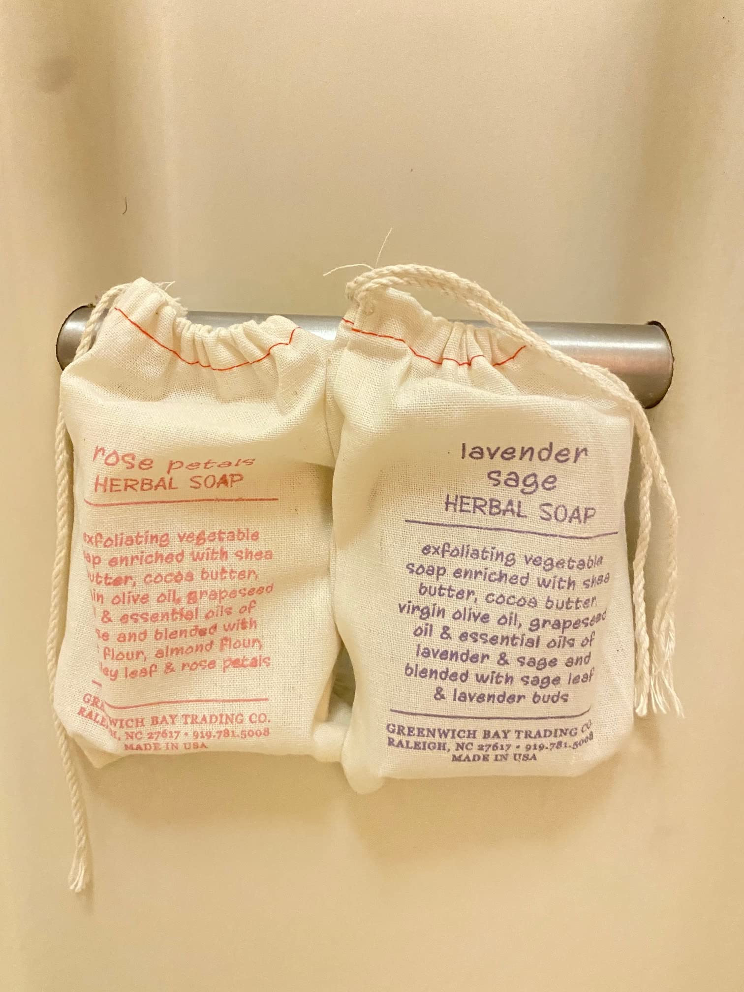 Greenwich Bay Trading Set of 2 Herbal Soaps - Each Individually Wrapped in a Drawstring Cloth Sack - Enriched with Shea Butter & Virgin Olive Oil and Infused with Fresh Botanical Scents - 6.4 Oz Each (Lavender Sage & Rose Petal)