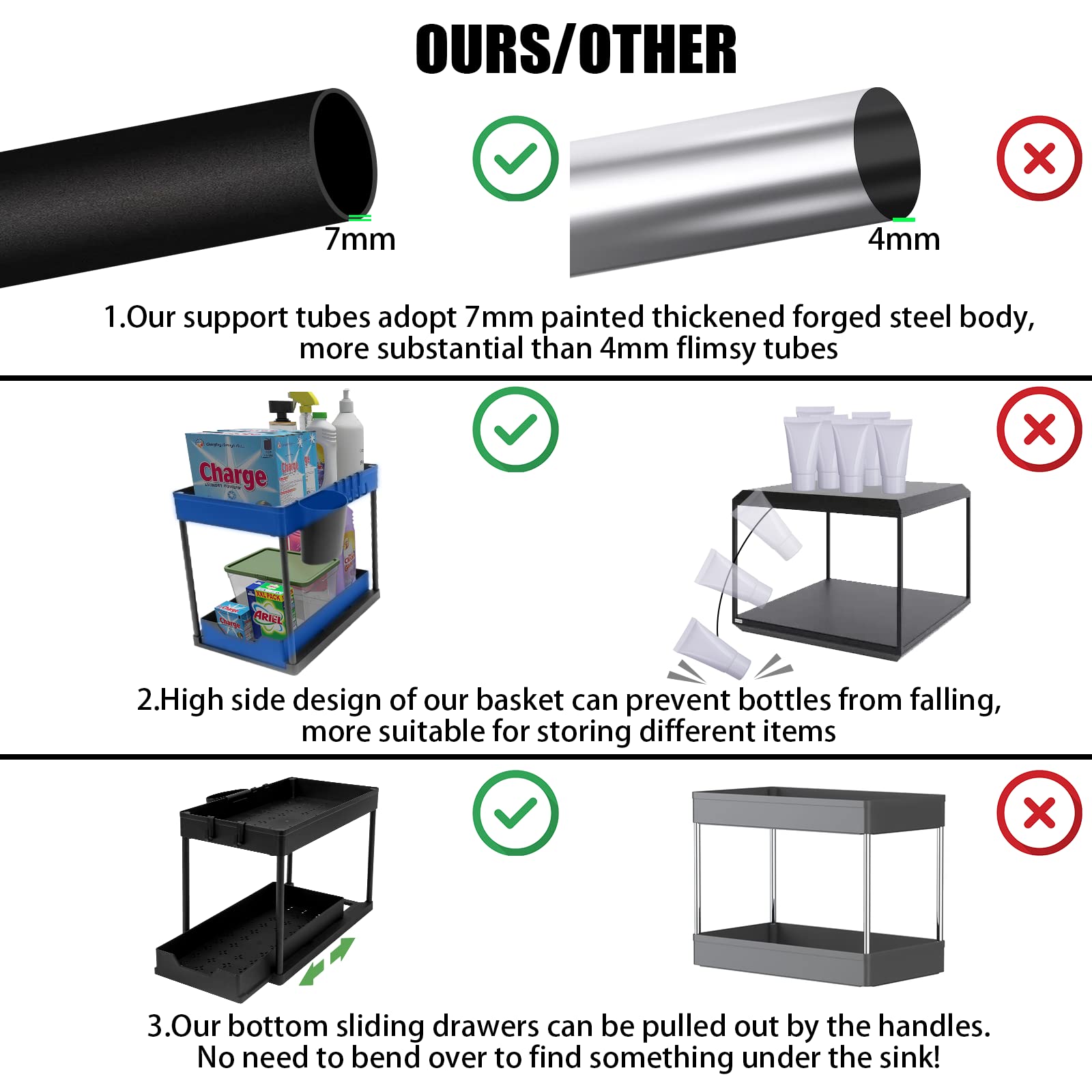 Under Sink Organizers and Storage, Under Sink Storage, 2 Tier Under bathroom Sink Organizer, Sliding Drawer Under Sink Storage for Kitchen with 4 Hooks & 1 Hanging Cup,Multi-purpose Organizer(Black)