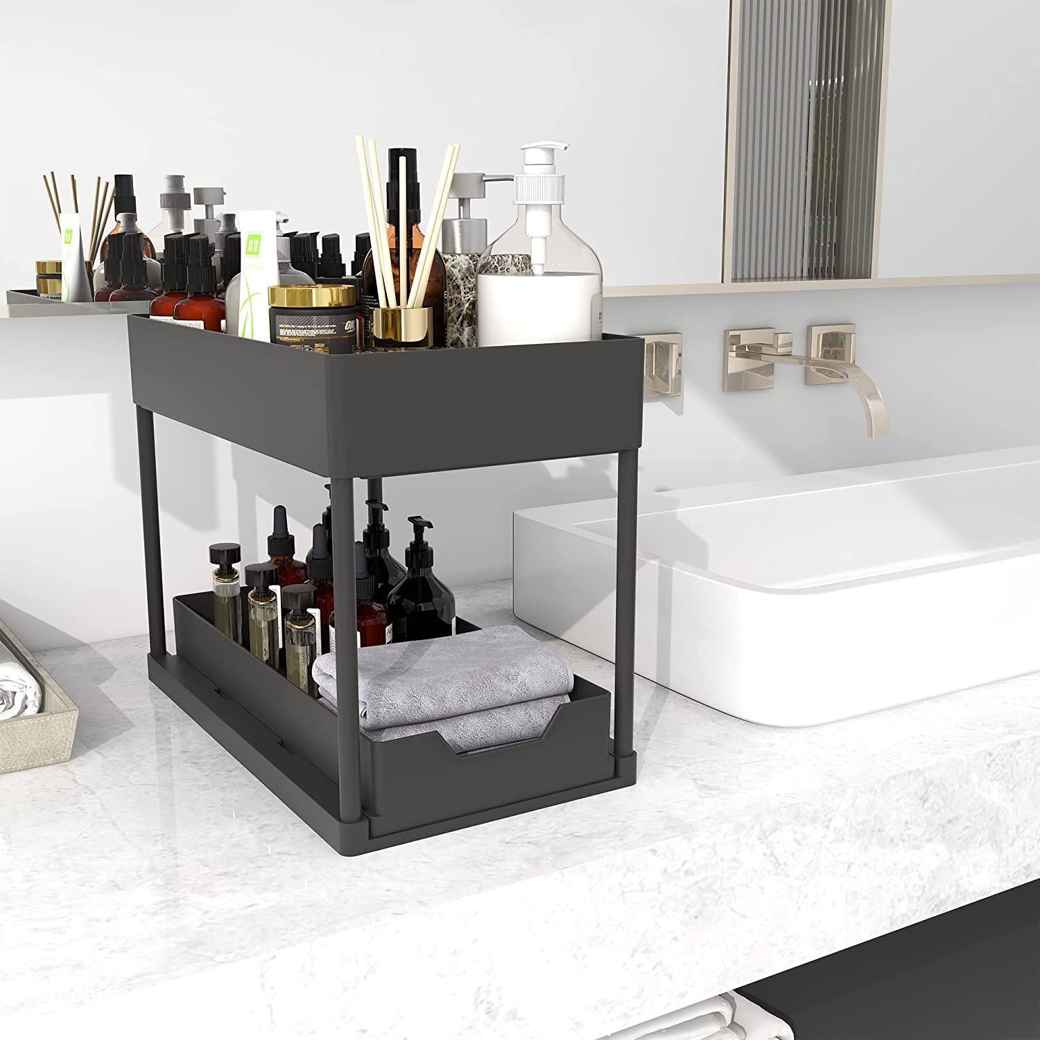 Under Sink Organizers and Storage, Under Sink Storage, 2 Tier Under bathroom Sink Organizer, Sliding Drawer Under Sink Storage for Kitchen with 4 Hooks & 1 Hanging Cup,Multi-purpose Organizer(Black)