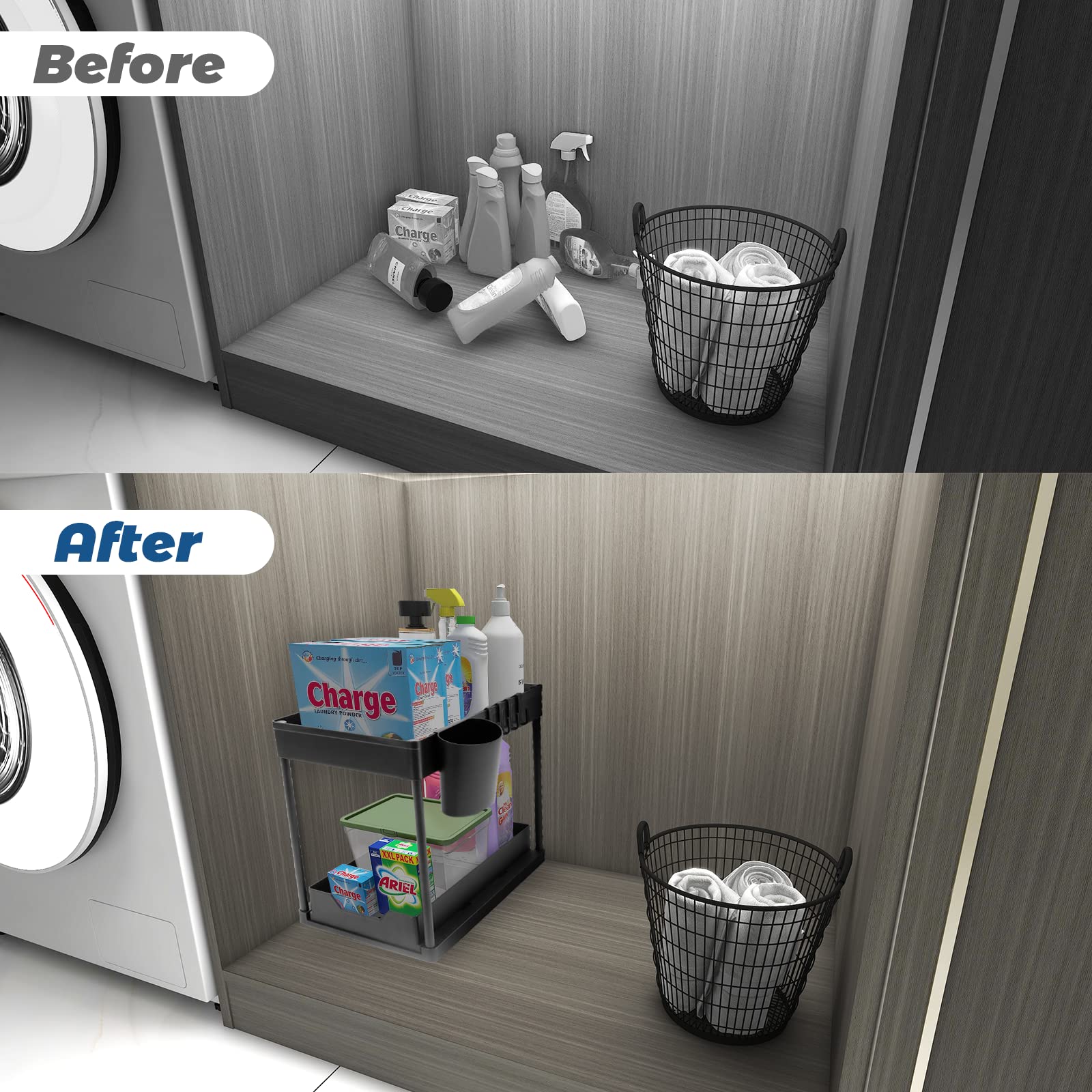 Under Sink Organizers and Storage, Under Sink Storage, 2 Tier Under bathroom Sink Organizer, Sliding Drawer Under Sink Storage for Kitchen with 4 Hooks & 1 Hanging Cup,Multi-purpose Organizer(Black)