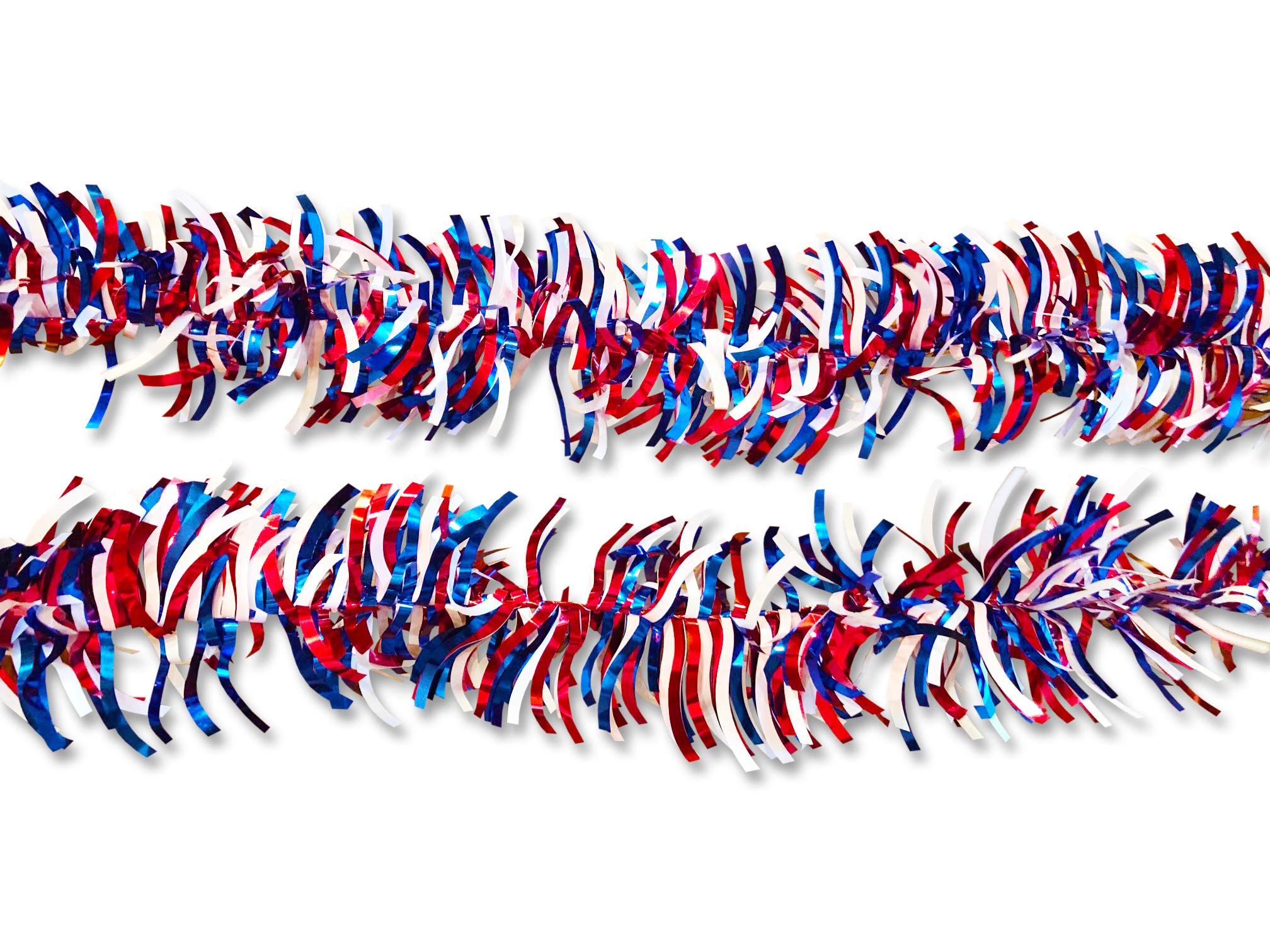 Patriotic Garland Decorations (2 Pack, 9 ft Each) - Tinsel in Metallic Red White and Blue for 4th of July Party, Veterans Day, Labor Day Holiday and More