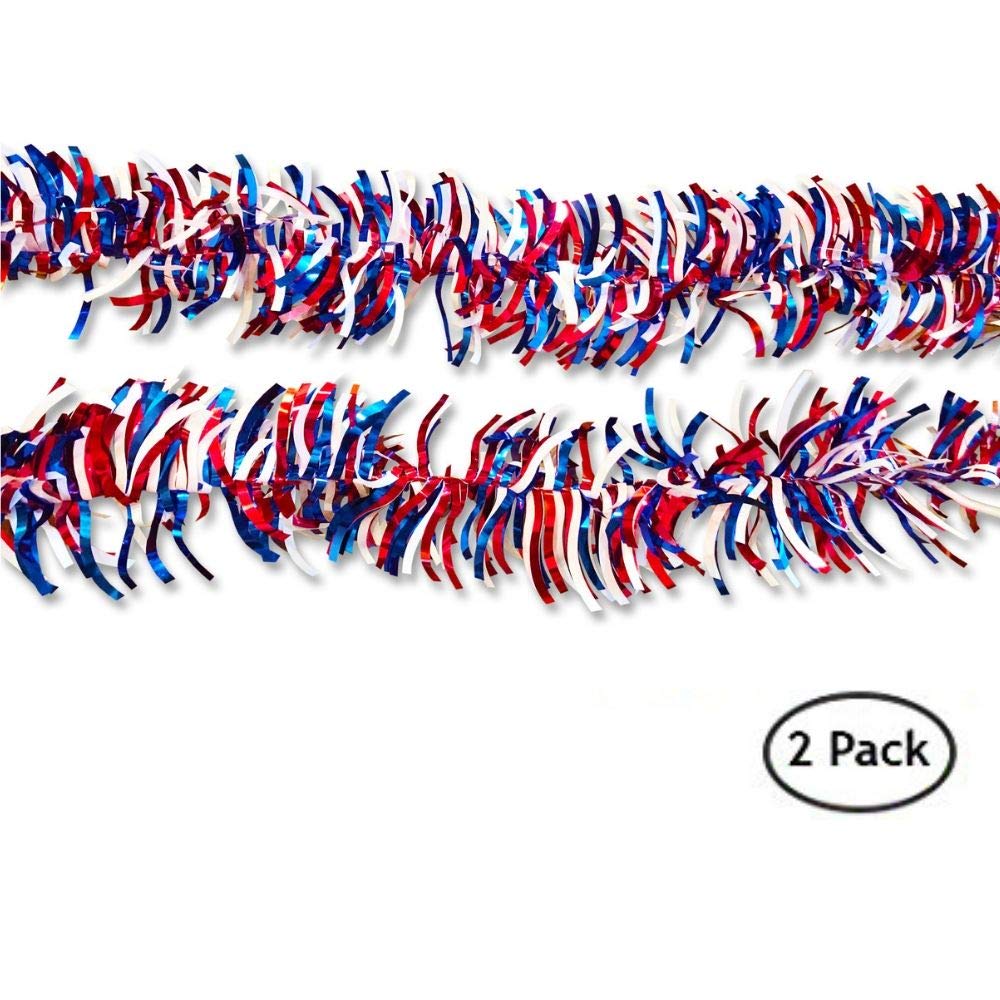 Patriotic Garland Decorations (2 Pack, 9 ft Each) - Tinsel in Metallic Red White and Blue for 4th of July Party, Veterans Day, Labor Day Holiday and More