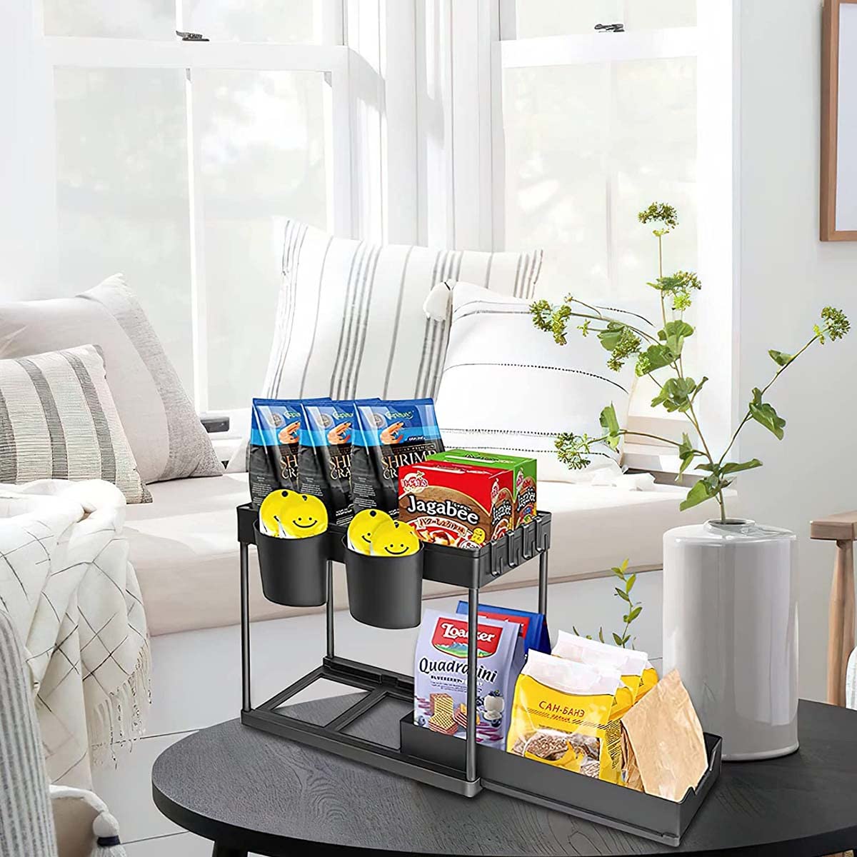 Under Sink Organizers and Storage, Under Sink Storage, 2 Tier Under bathroom Sink Organizer, Sliding Drawer Under Sink Storage for Kitchen with 4 Hooks & 1 Hanging Cup,Multi-purpose Organizer(Black)
