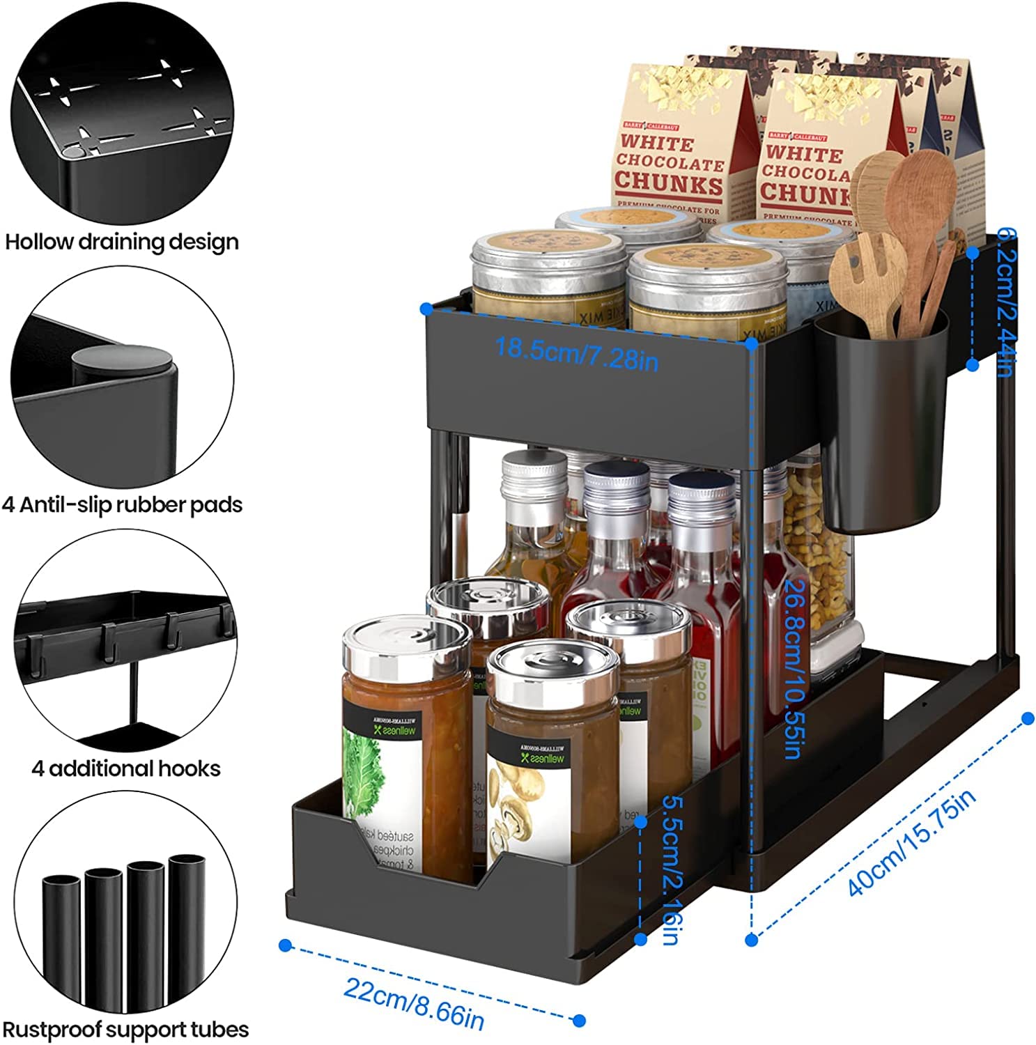 Under Sink Organizers and Storage, Under Sink Storage, 2 Tier Under bathroom Sink Organizer, Sliding Drawer Under Sink Storage for Kitchen with 4 Hooks & 1 Hanging Cup,Multi-purpose Organizer(Black)