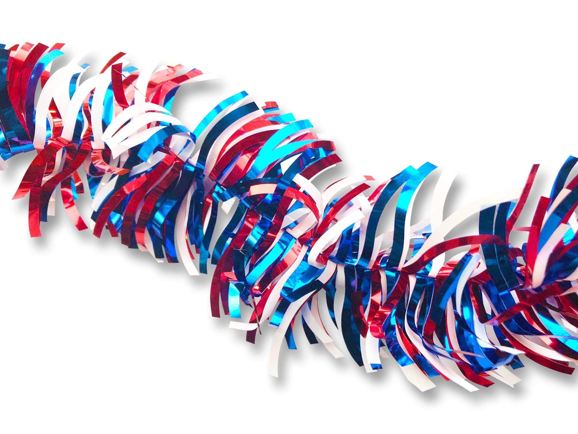 Patriotic Garland Decorations (2 Pack, 9 ft Each) - Tinsel in Metallic Red White and Blue for 4th of July Party, Veterans Day, Labor Day Holiday and More