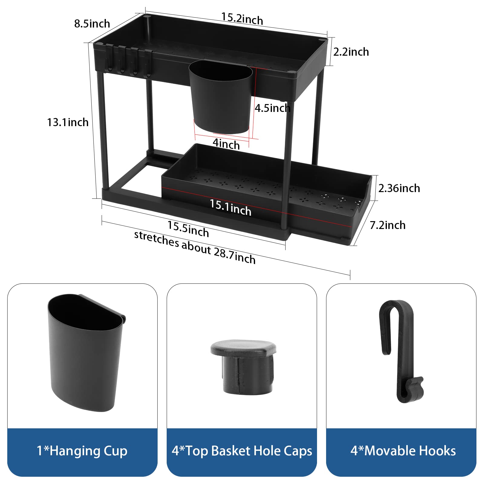 Under Sink Organizers and Storage, Under Sink Storage, 2 Tier Under bathroom Sink Organizer, Sliding Drawer Under Sink Storage for Kitchen with 4 Hooks & 1 Hanging Cup,Multi-purpose Organizer(Black)