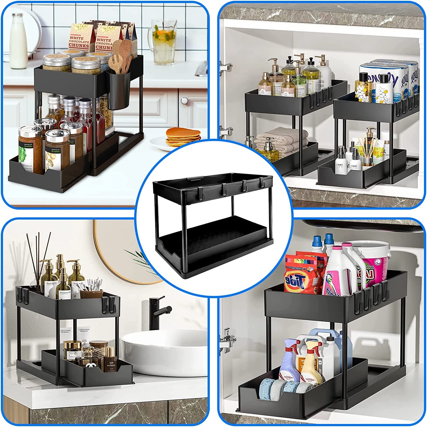 Under Sink Organizers and Storage, Under Sink Storage, 2 Tier Under bathroom Sink Organizer, Sliding Drawer Under Sink Storage for Kitchen with 4 Hooks & 1 Hanging Cup,Multi-purpose Organizer(Black)
