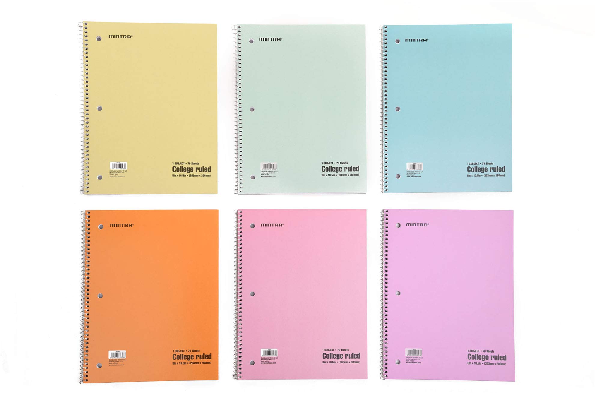 Mintra Office Spiral Notebooks - Pastel, College Ruled, 6 Pack, For School, Office, Business, Professional,70 Sheets