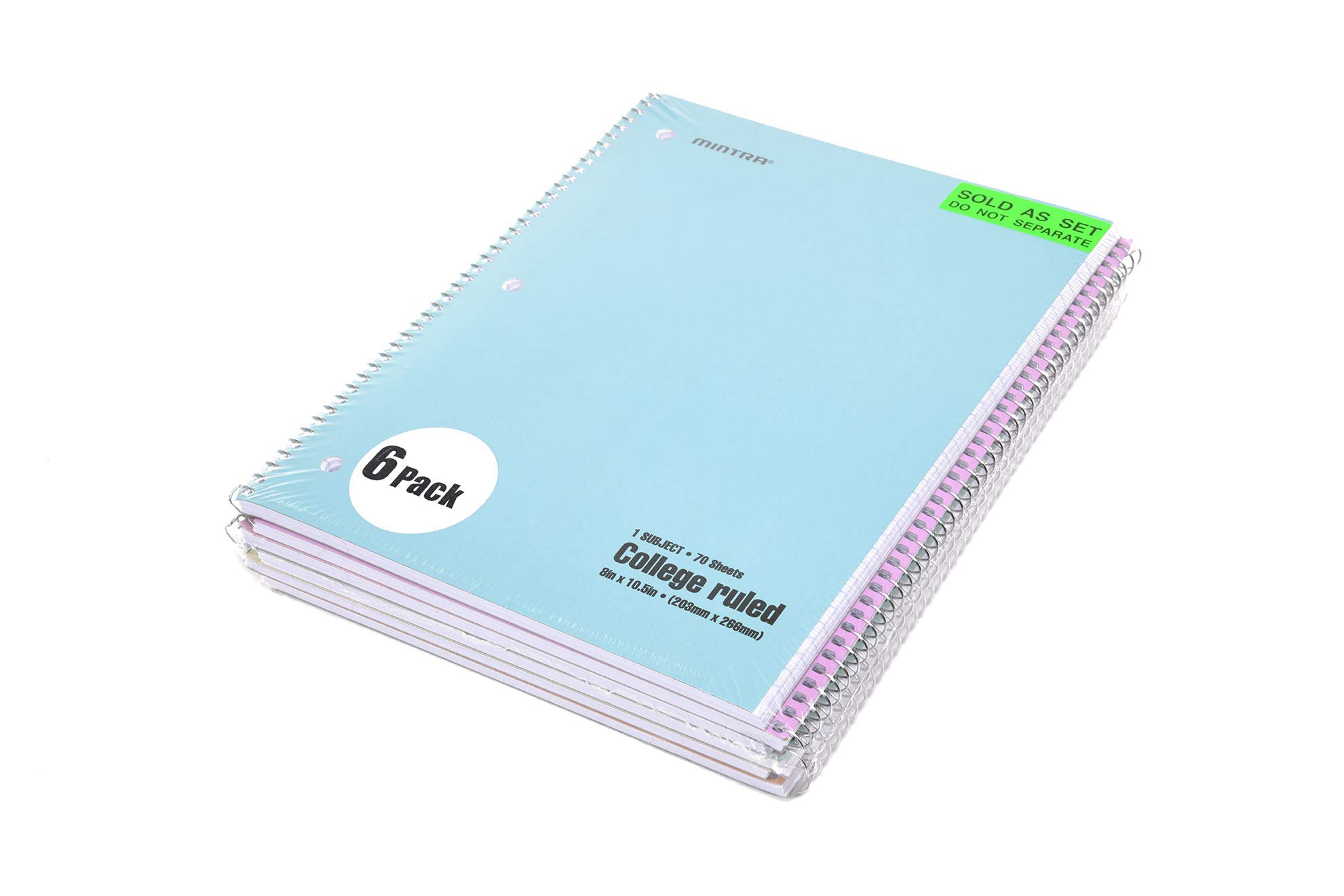 Mintra Office Spiral Notebooks - Pastel, College Ruled, 6 Pack, For School, Office, Business, Professional,70 Sheets