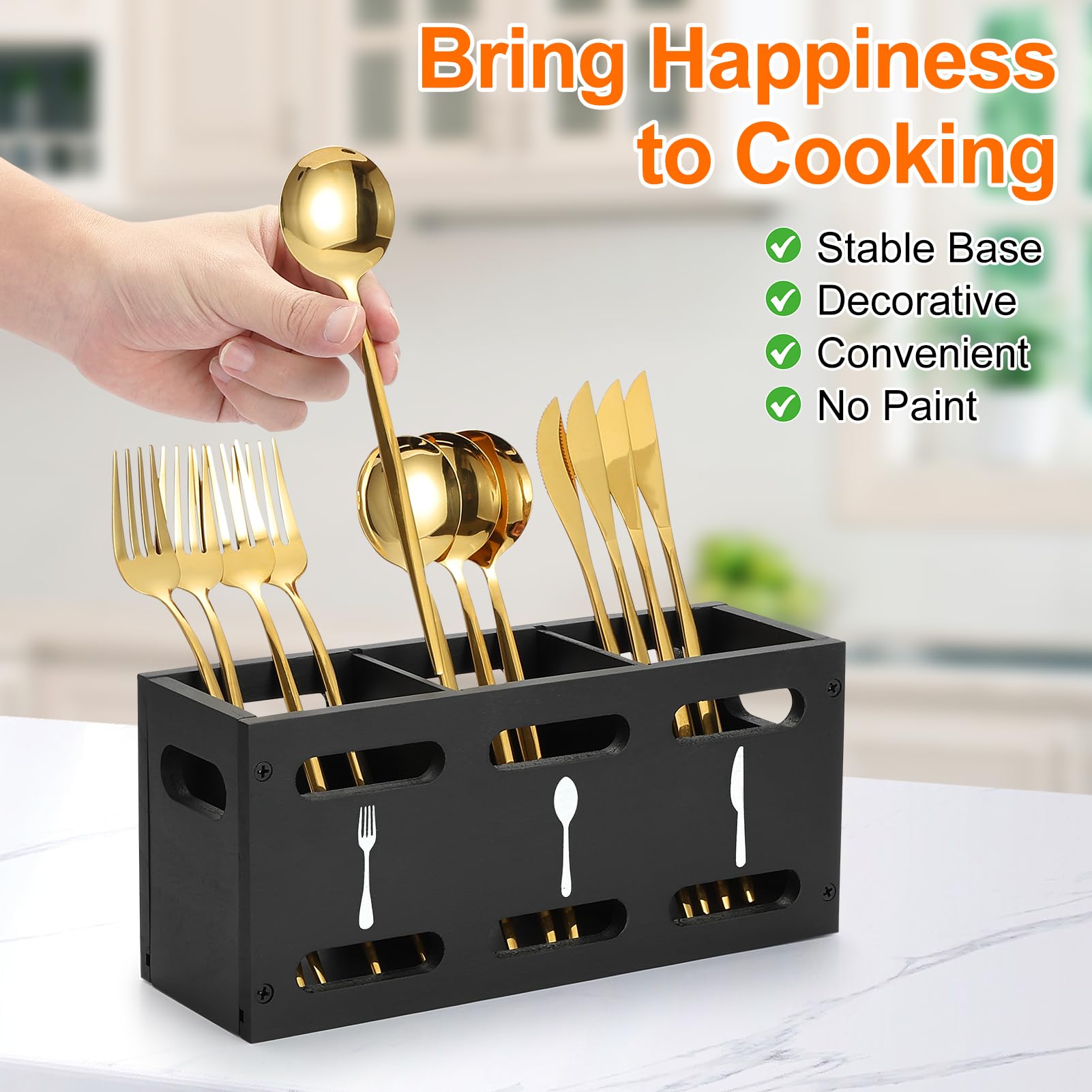 3 Compartment Wooden Kitchen Utensil Holder Organizer with 2 Adjustable Dividers,Silverware Organizer Farmhouse Utensil Caddy Crock for Counter Decor,Wall Mounted Kitchen Organizer and Storage Cutlery