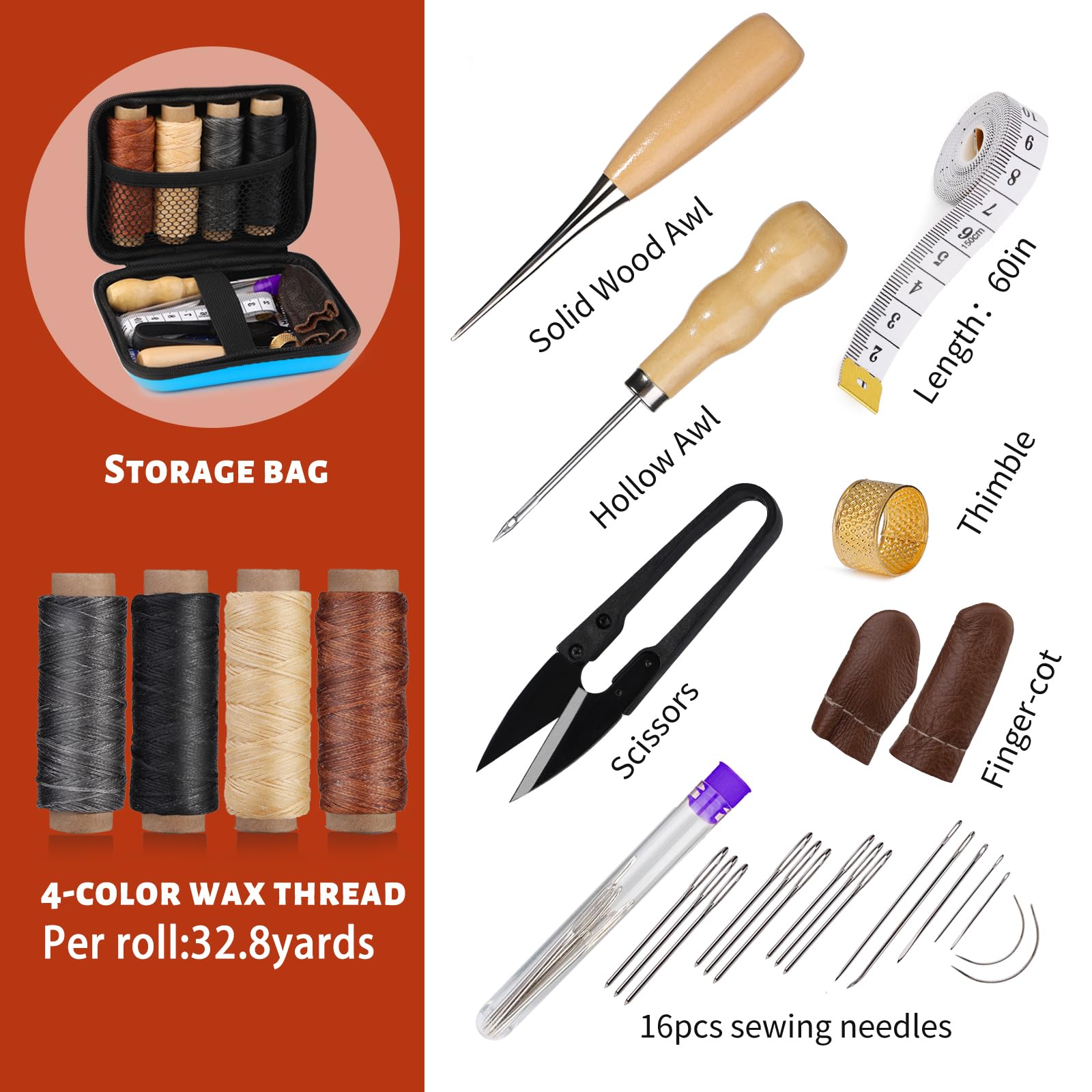 Leather Sewing Kit, Leather Working Tools and Supplies, Leather Working Kit with Large-Eye Stitching Needles, Waxed Thread, Leather Upholstery Repair Kit, Leather Sewing Tools for DIY Leather Craft