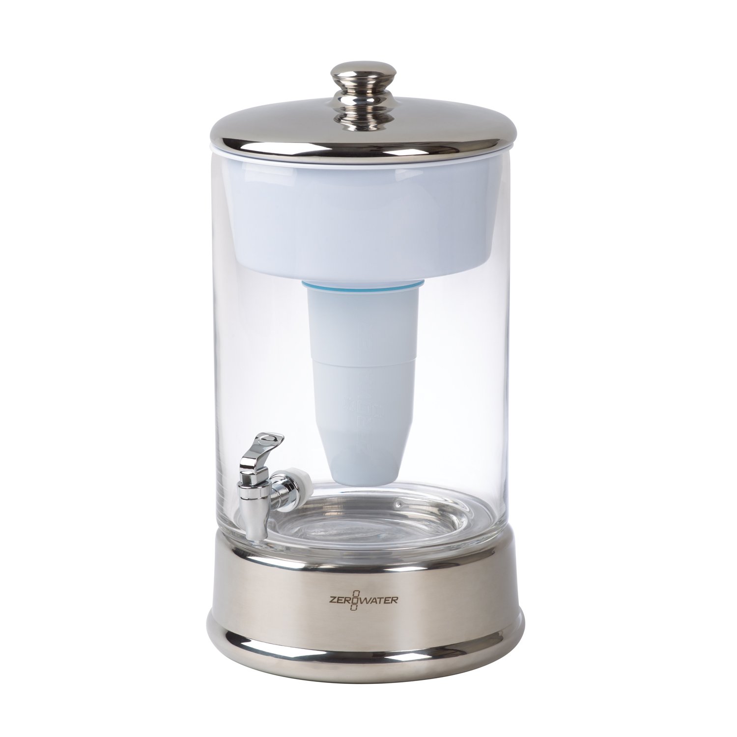 ZeroWater ZBD-040-1, 40 Cup Ready-Pour Glass 5-stage Water Filter Dispenser, NSF Certified to Reduce Lead, Other Heavy Metals and PFOA/PFOS, Clear Glass With Chrome Stand