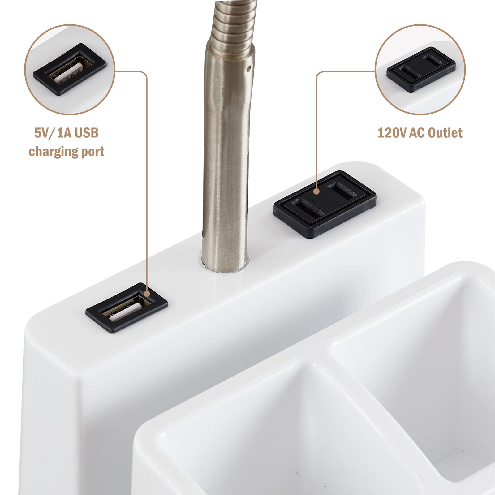 THOVAS LED Desk Lamp with 1 USB Charging Port and 1 AC Outlet, Organizer Base, Adjustable Neck, On/Off Switch, Modern Table Lamp for Reading, Working, Studying, Gentle Warm White Light, Eye Protect